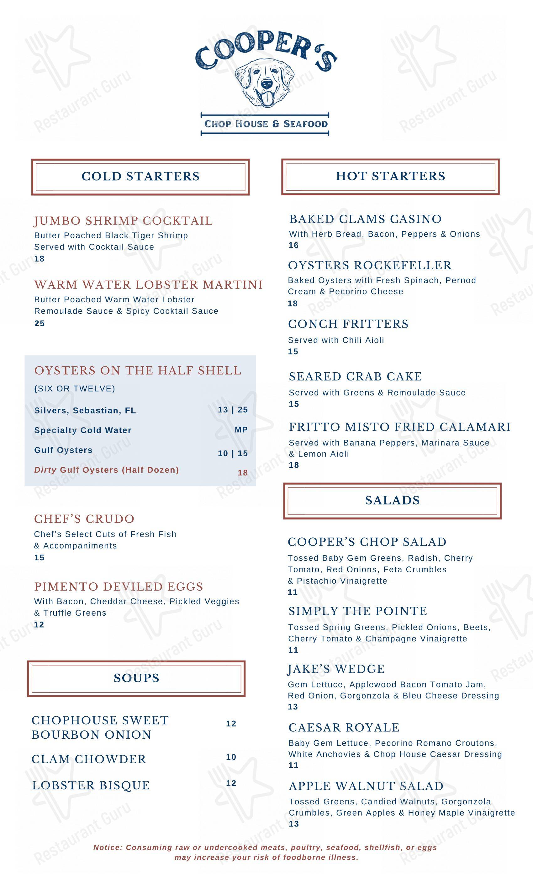 Menu at Cooper's Chop House & Seafood steakhouse, Vero Beach