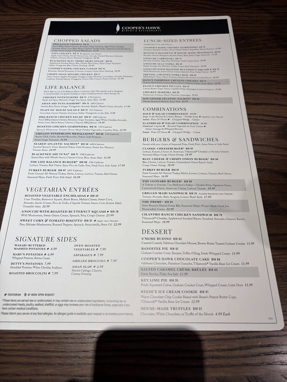 Menu at Cooper's Hawk Winery & Restaurant- Wesley Chapel, Wesley Chapel
