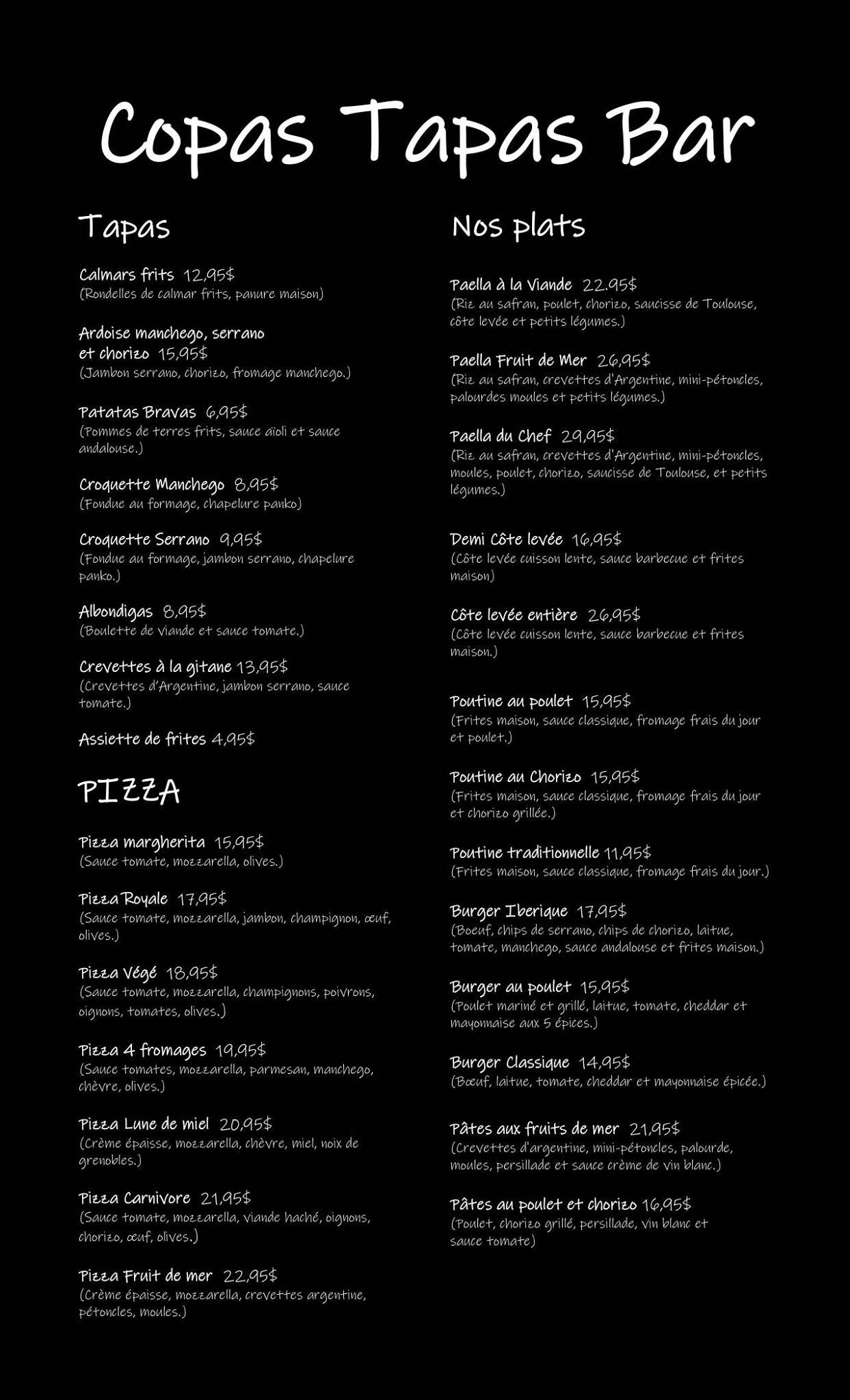 Menu at Copas pub & bar, Québec City