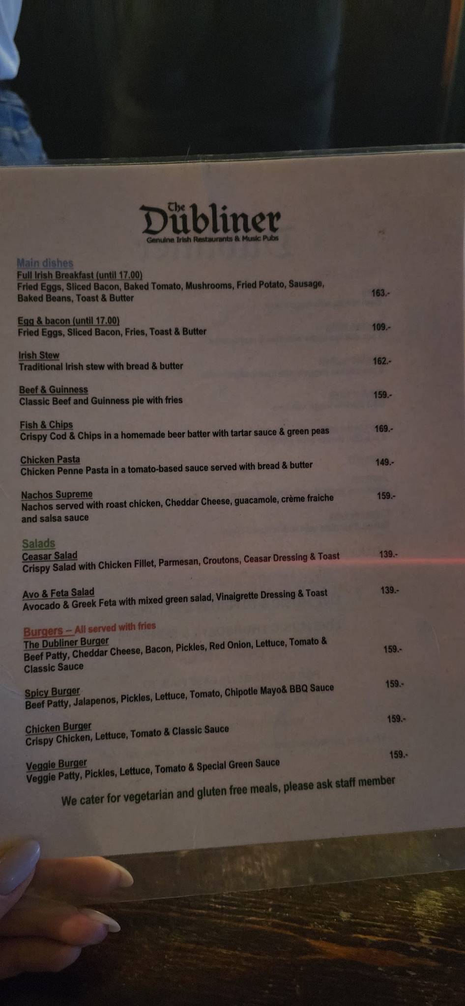 Menu at The Dubliner pub & bar, Copenhagen, Amagertorv 5