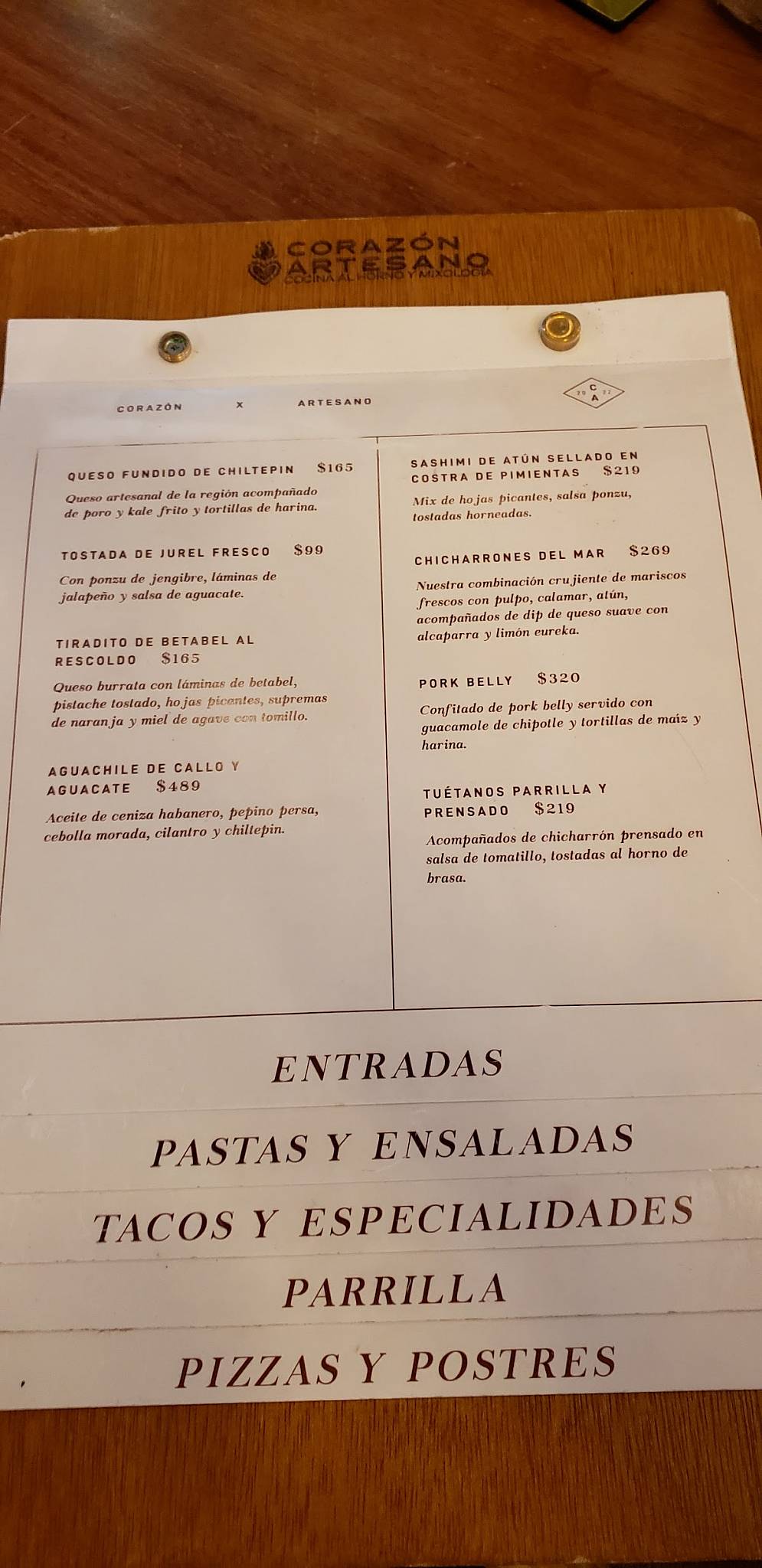 Menu at Corazón Artesano restaurant, Mexicali