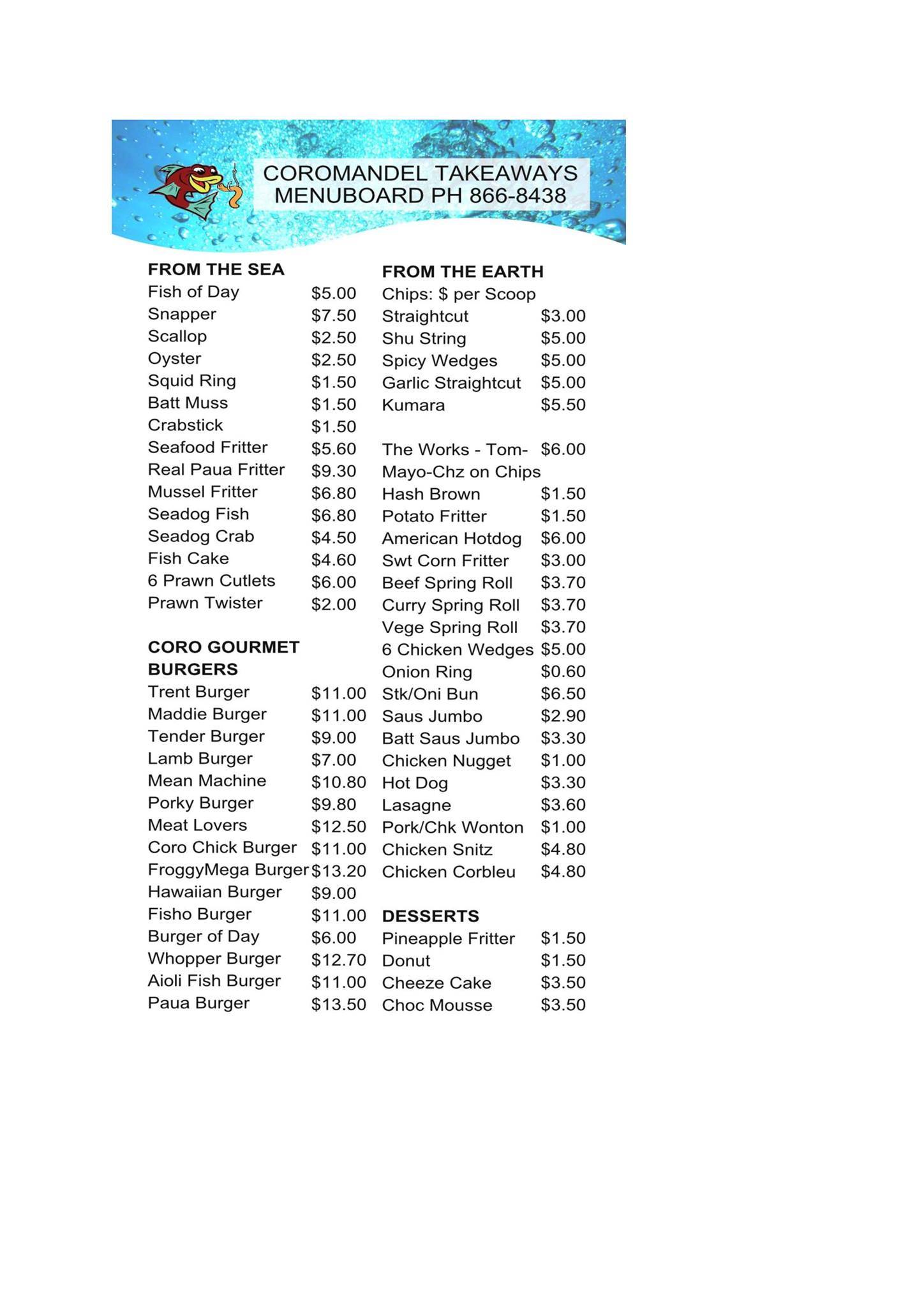 Menu at Coromandel Takeaways & Fresh Fish fast food, Coromandel
