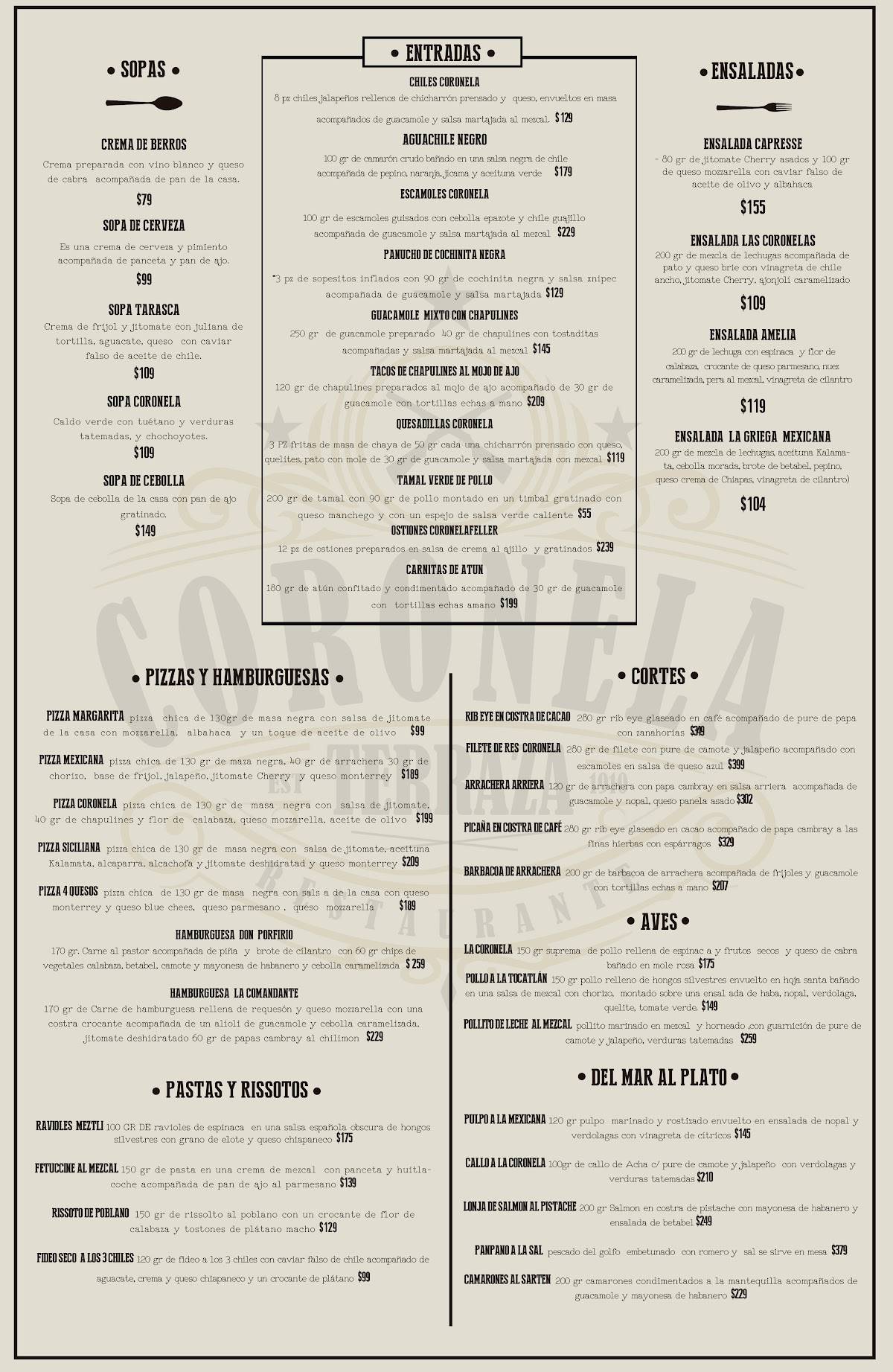 Carta del restaurante TERRAZA CORONELA, Ciudad López Mateos