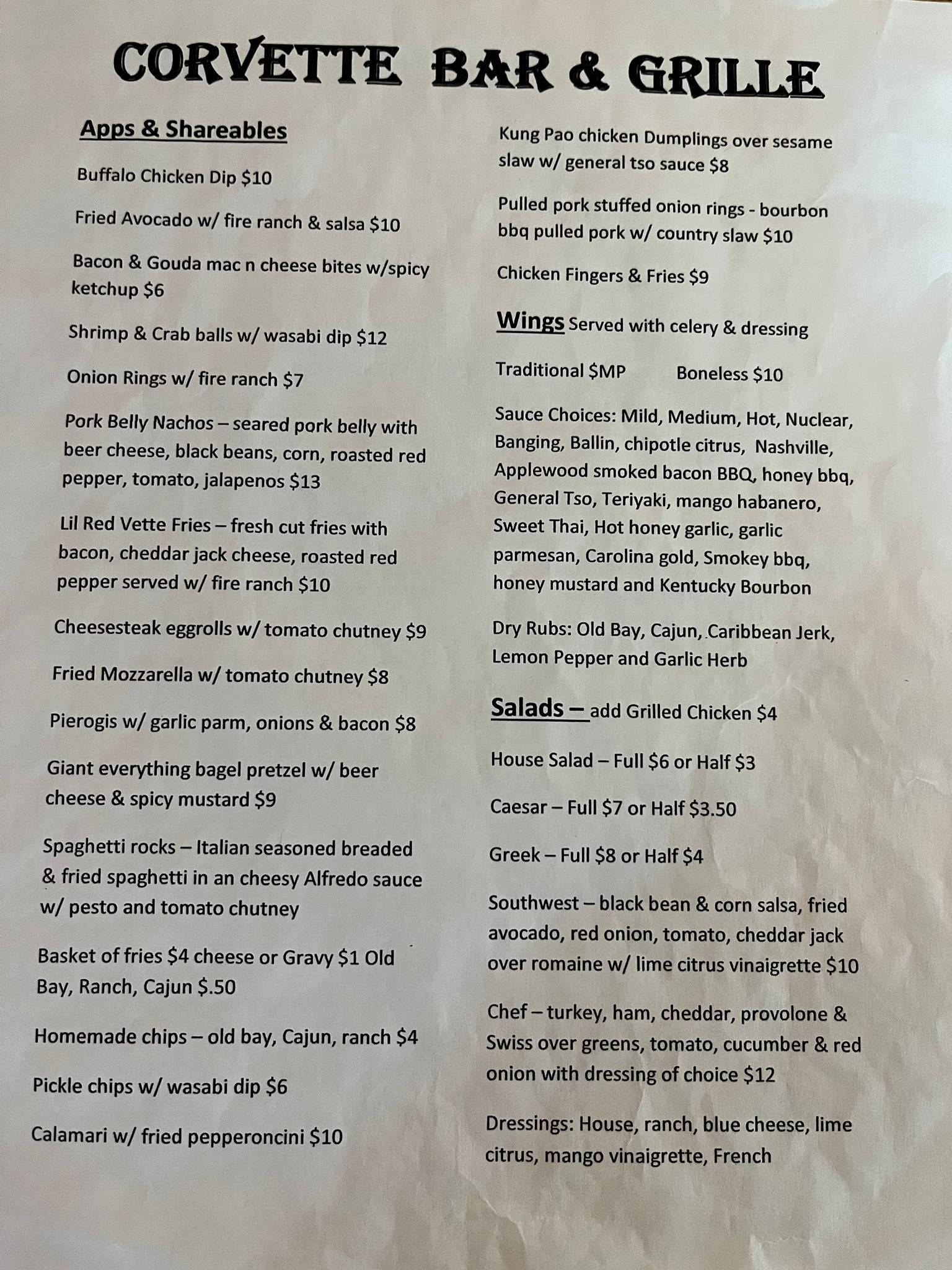 Menu at Corvette Grille pub & bar, Annville