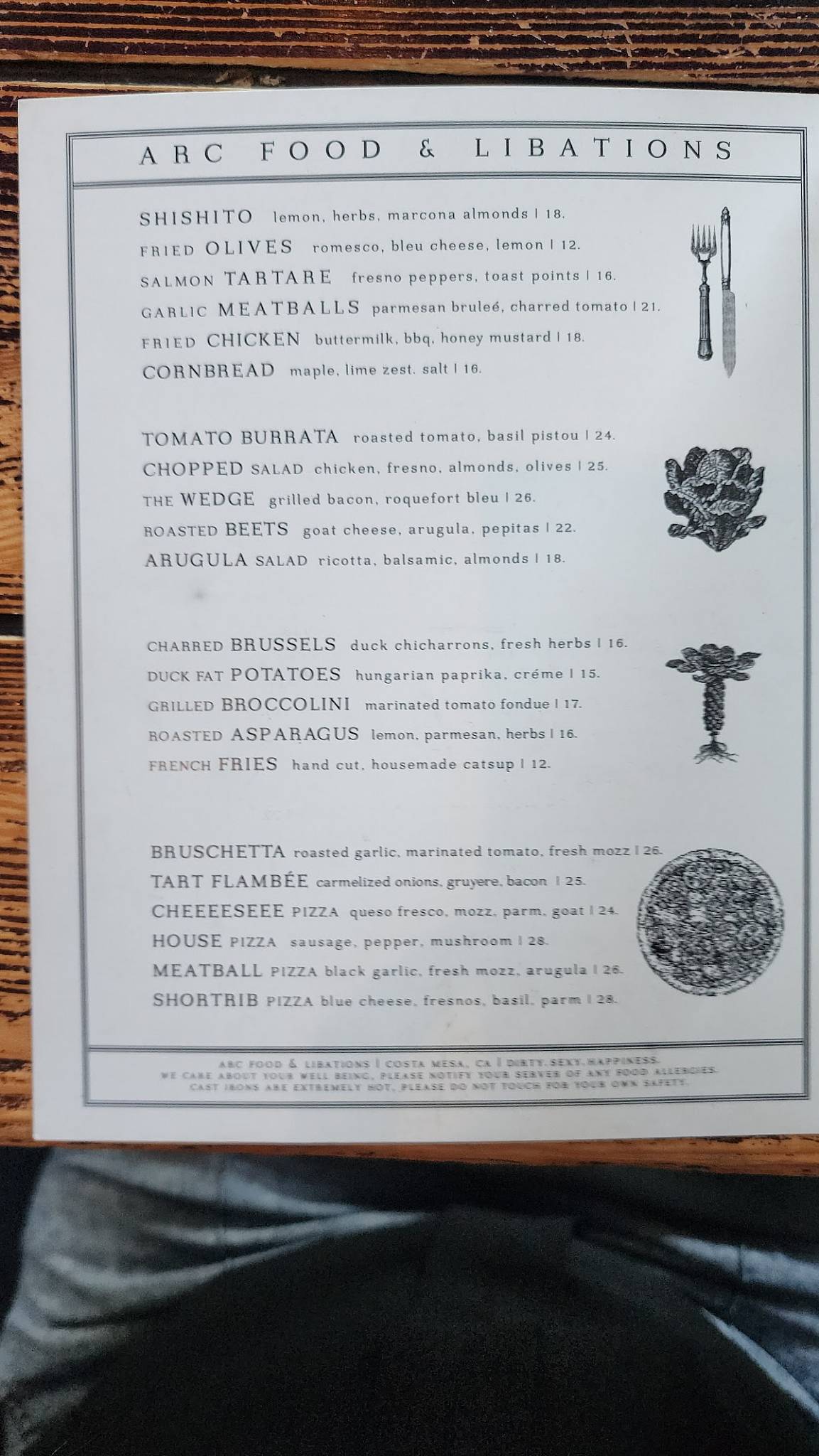 Menu at Arc Food & Libations pub & bar, Costa Mesa