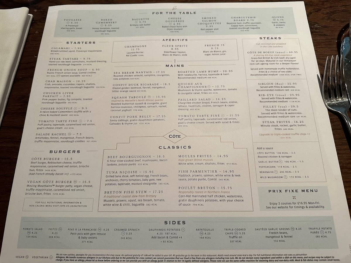 Menu at Côte Reading restaurant, Reading, 9 Riverside Road
