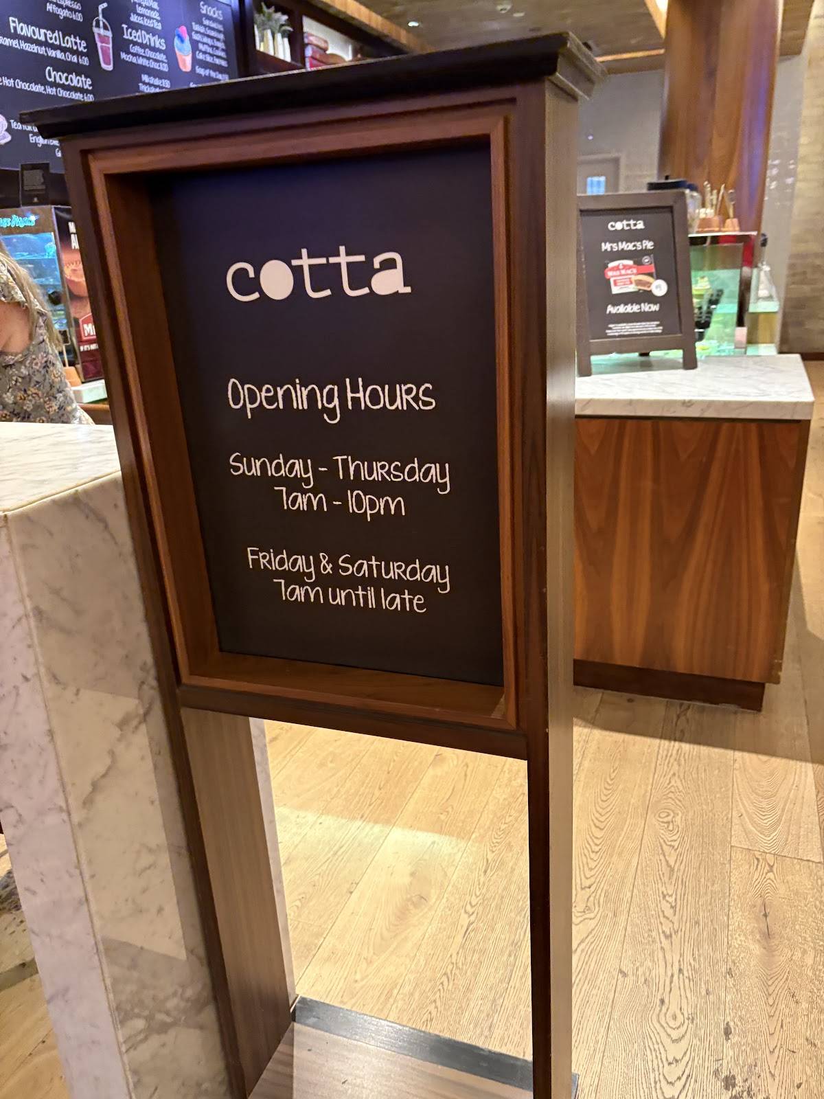 Menu at Cotta Cafe, Burswood, Crown Casino Crown Perth