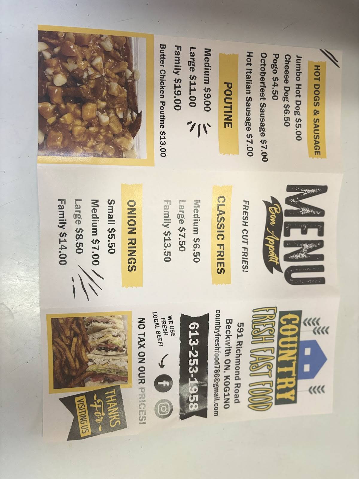 Menu at Country fresh fast food (Indian food), Merrickville
