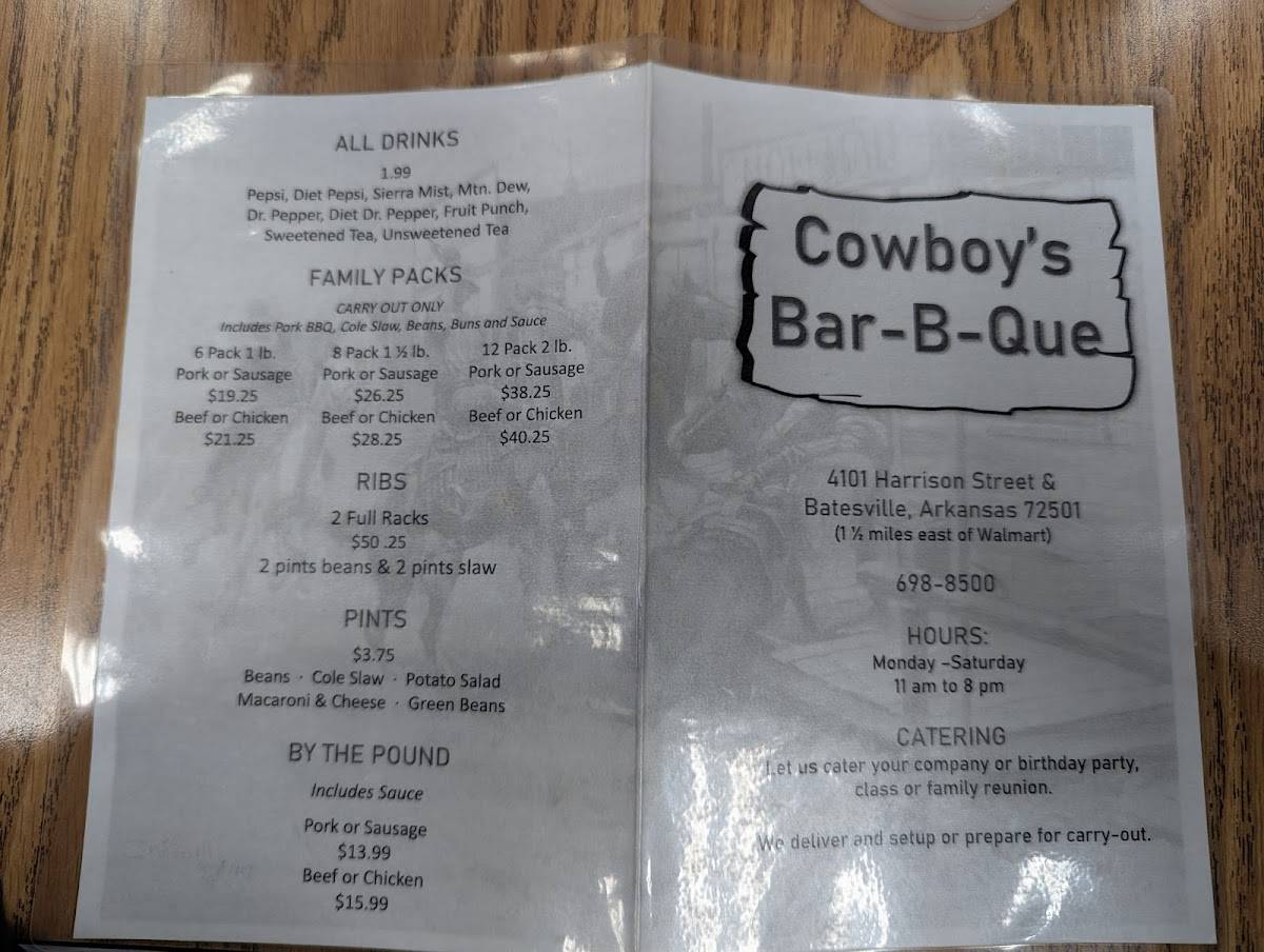 Menu at Cowboy's Barbecue, Batesville