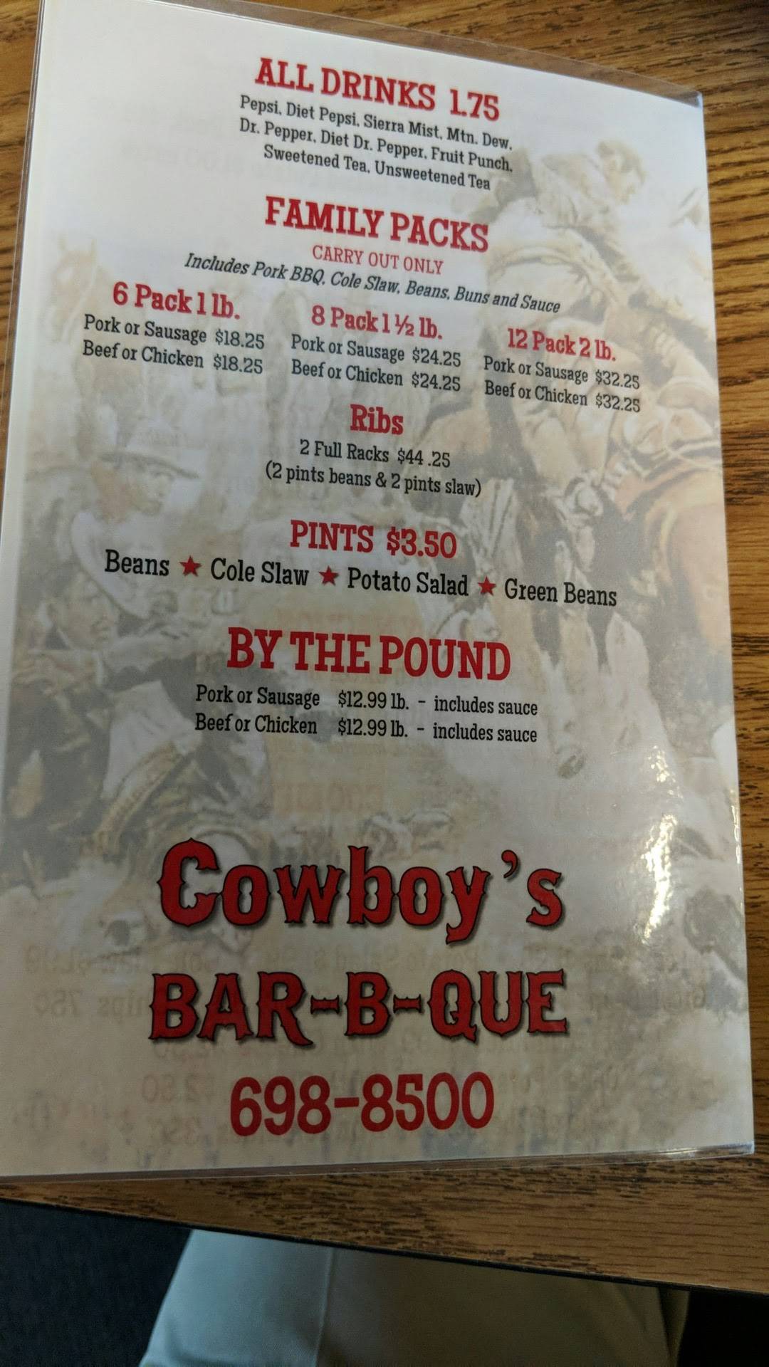 Menu at Cowboy's Barbecue, Batesville