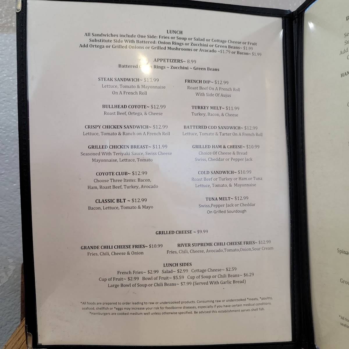 Menu at Coyote Cafe, Bullhead City