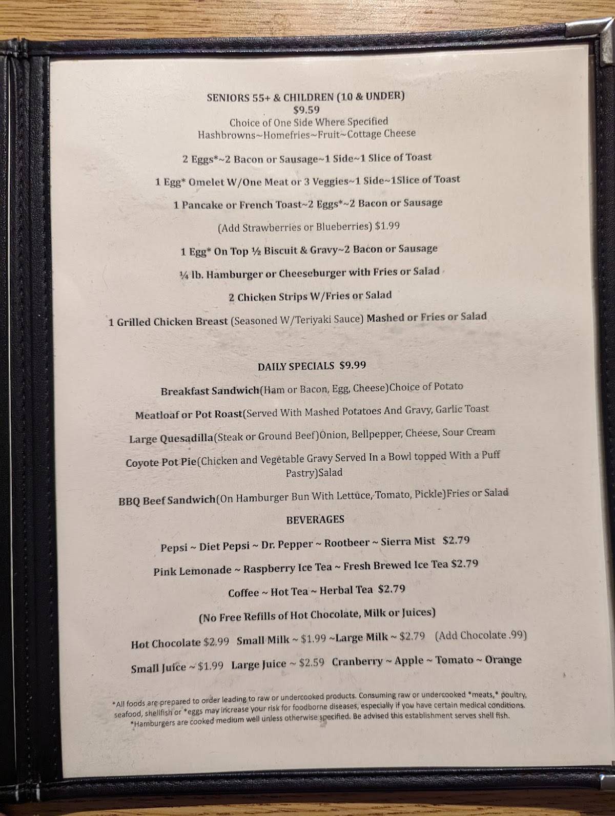 Menu at Coyote Cafe, Bullhead City