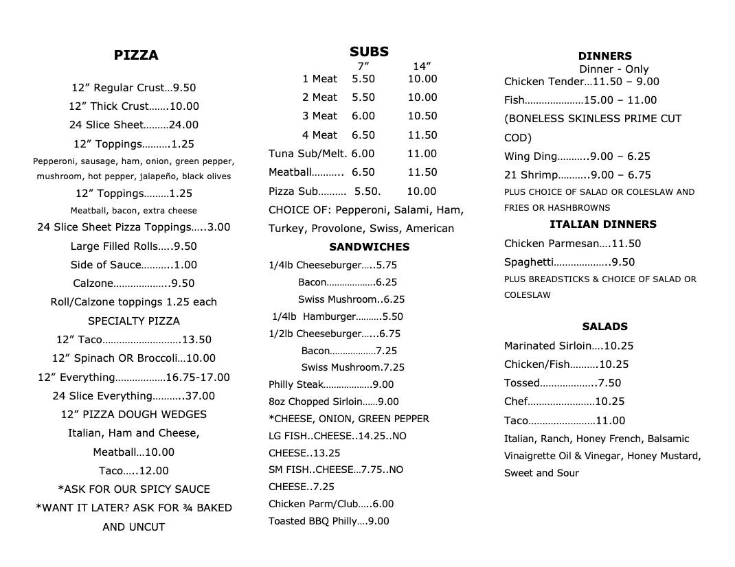 Menu at Cozza's Pizza Shop pizzeria, East Palestine