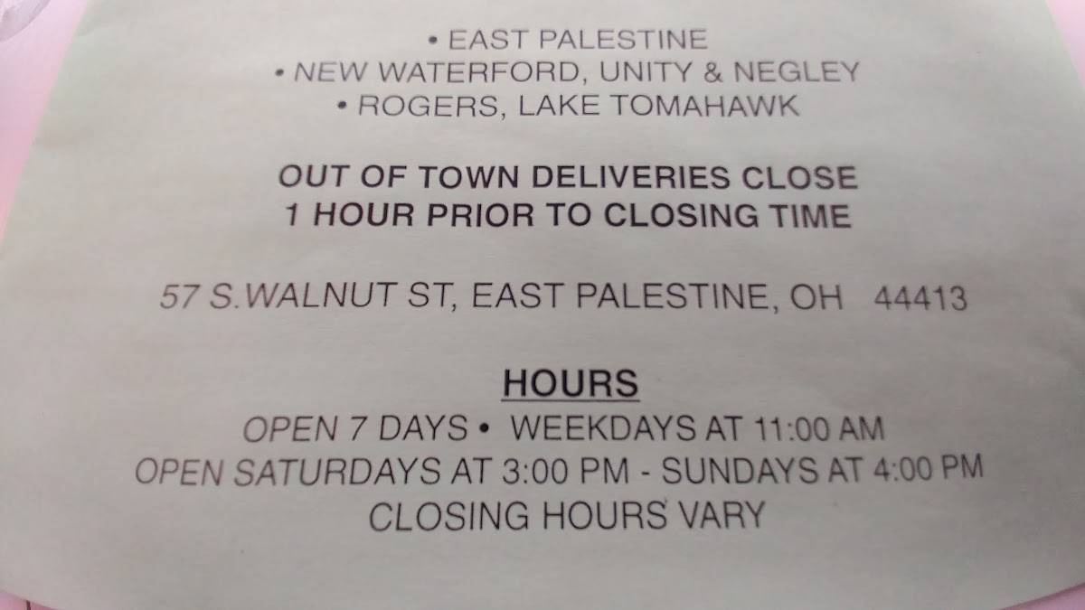 Menu at Cozza's Pizza Shop pizzeria, East Palestine