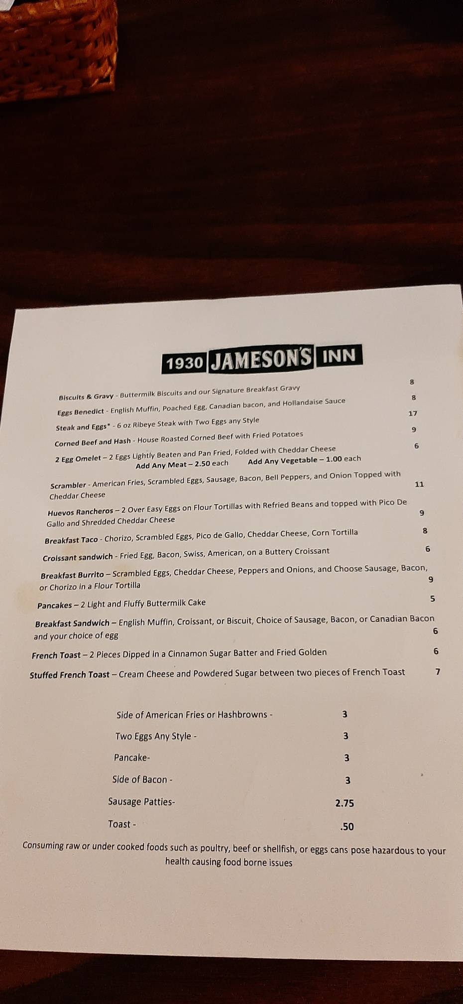 Menu at Jameson's 1930 Inn pub & bar, Crandon