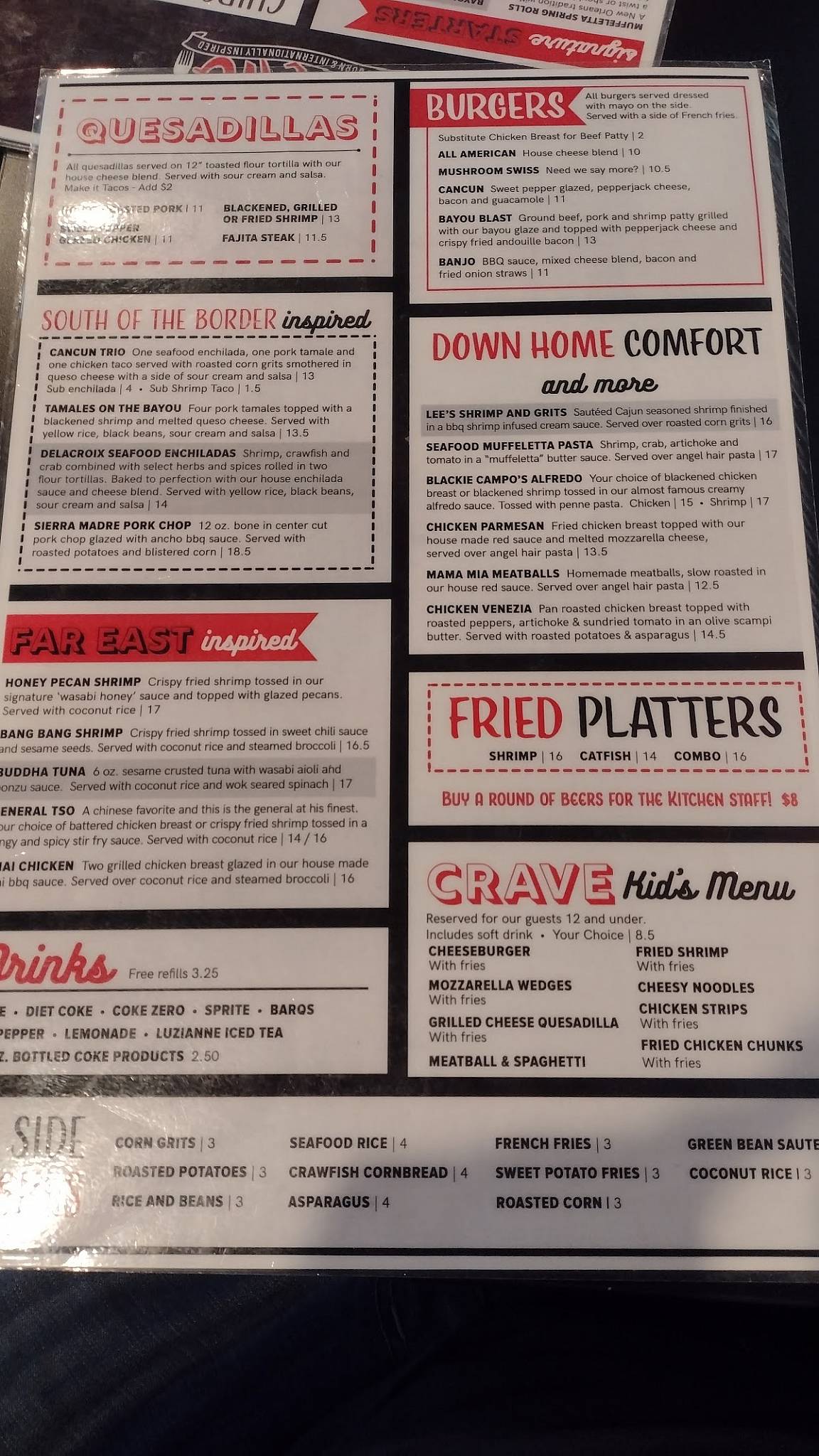 Menu at Crave restaurant, Meraux