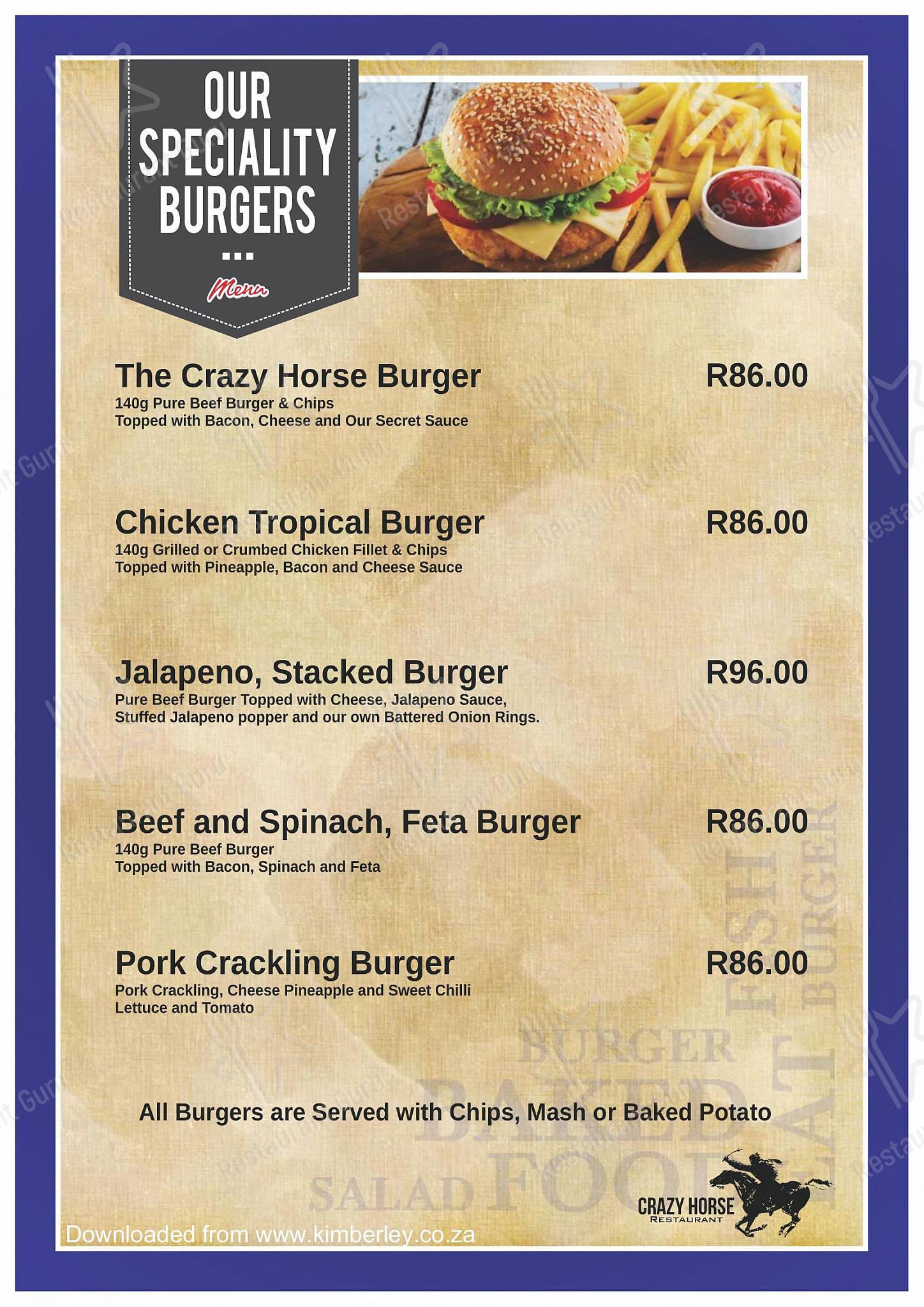 Menu at Horseshoe Inn restaurant, Kimberley