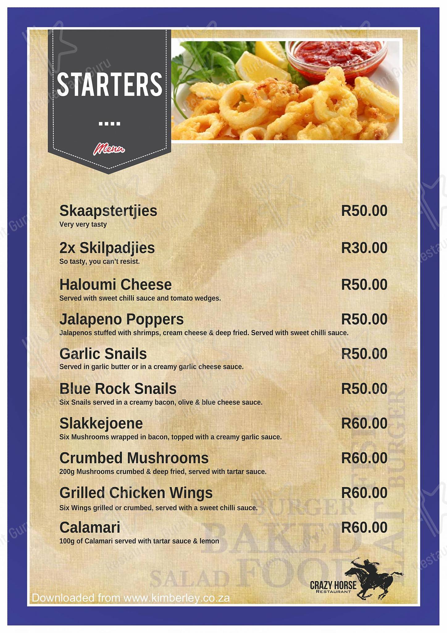 Menu at Horseshoe Inn restaurant, Kimberley