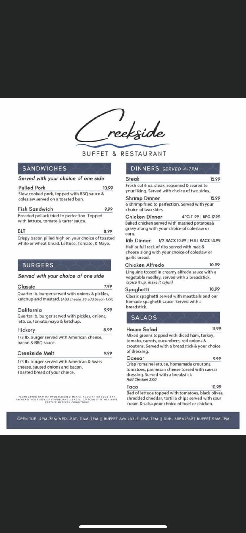 Menu at Creekside Buffet & Restaurant, Sartell