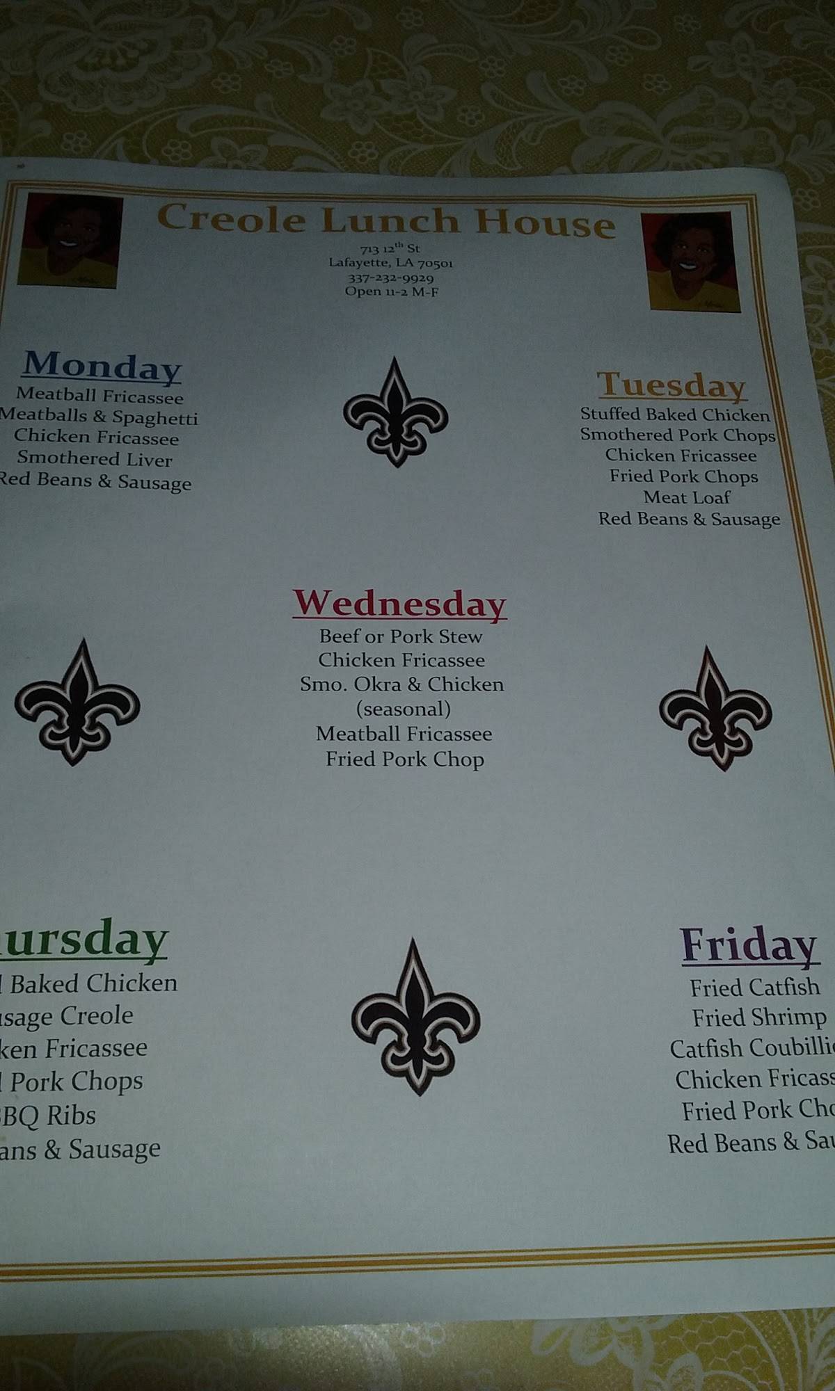 Menu at Creole Lunch House restaurant, Lafayette