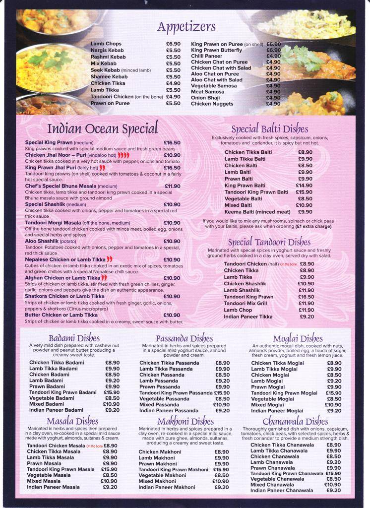 Menu at Indian Ocean restaurant, Nantwich