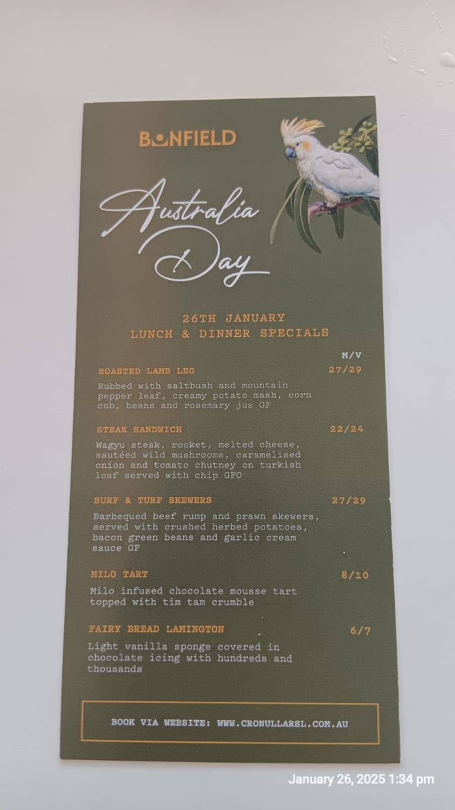 Menu at Cronulla RSL Club, Cronulla