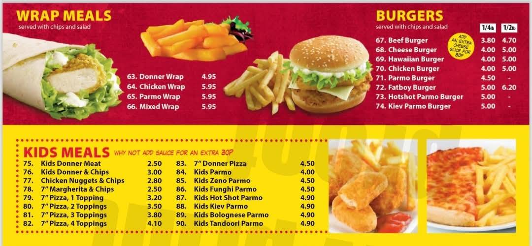 Menu at Crusty's pizzeria, Darlington
