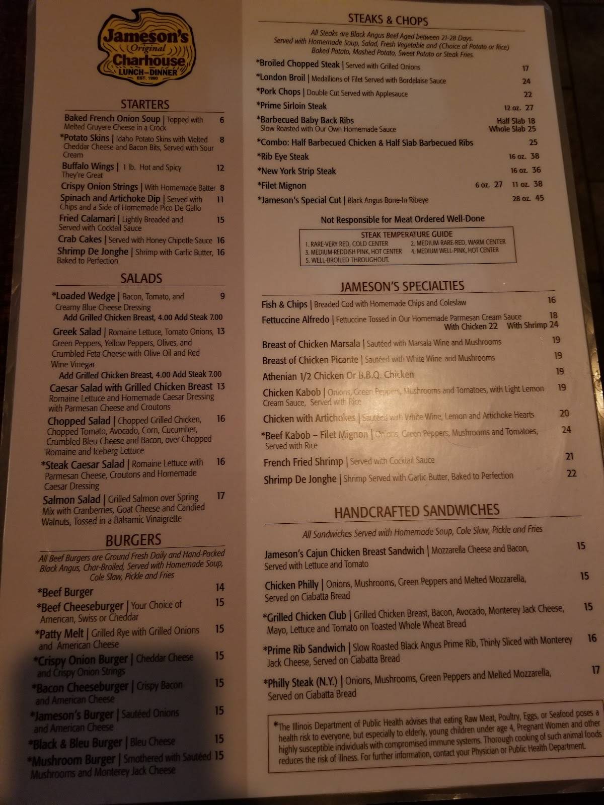 Menu at Jameson's Charhouse steakhouse, Crystal Lake