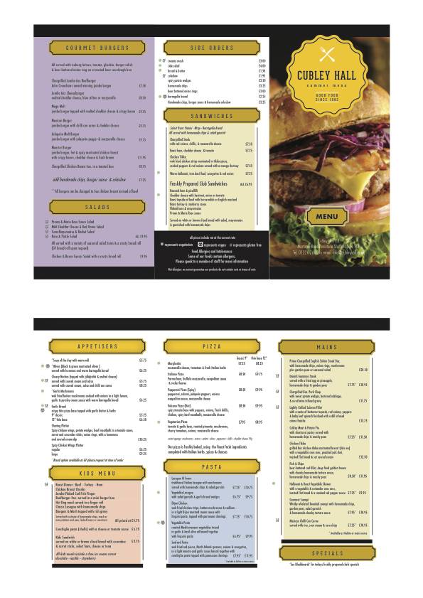 Menu at Cubley Hall pub & bar, Sheffield