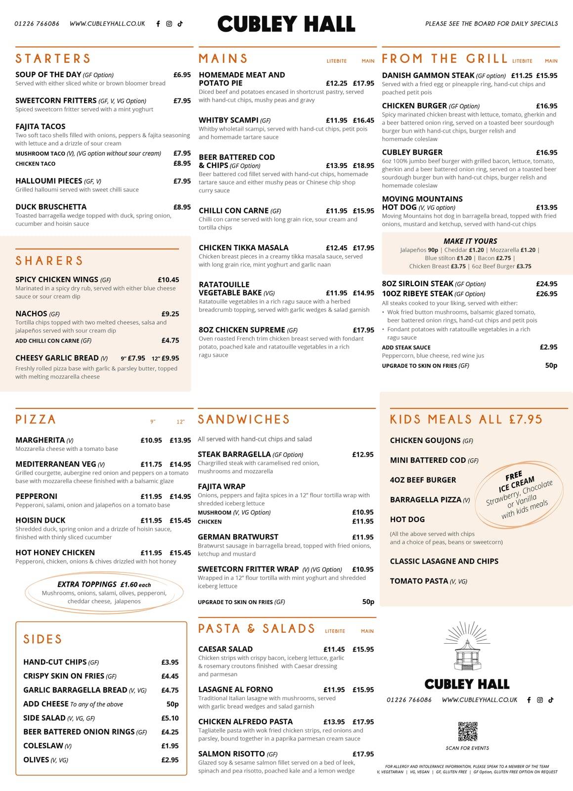 Menu at Cubley Hall pub & bar, Sheffield
