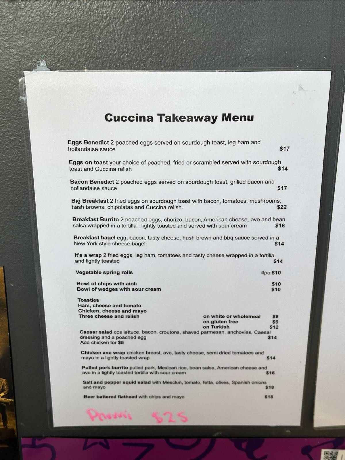 Menu at Cuccina Cafe Restaurant, Launceston