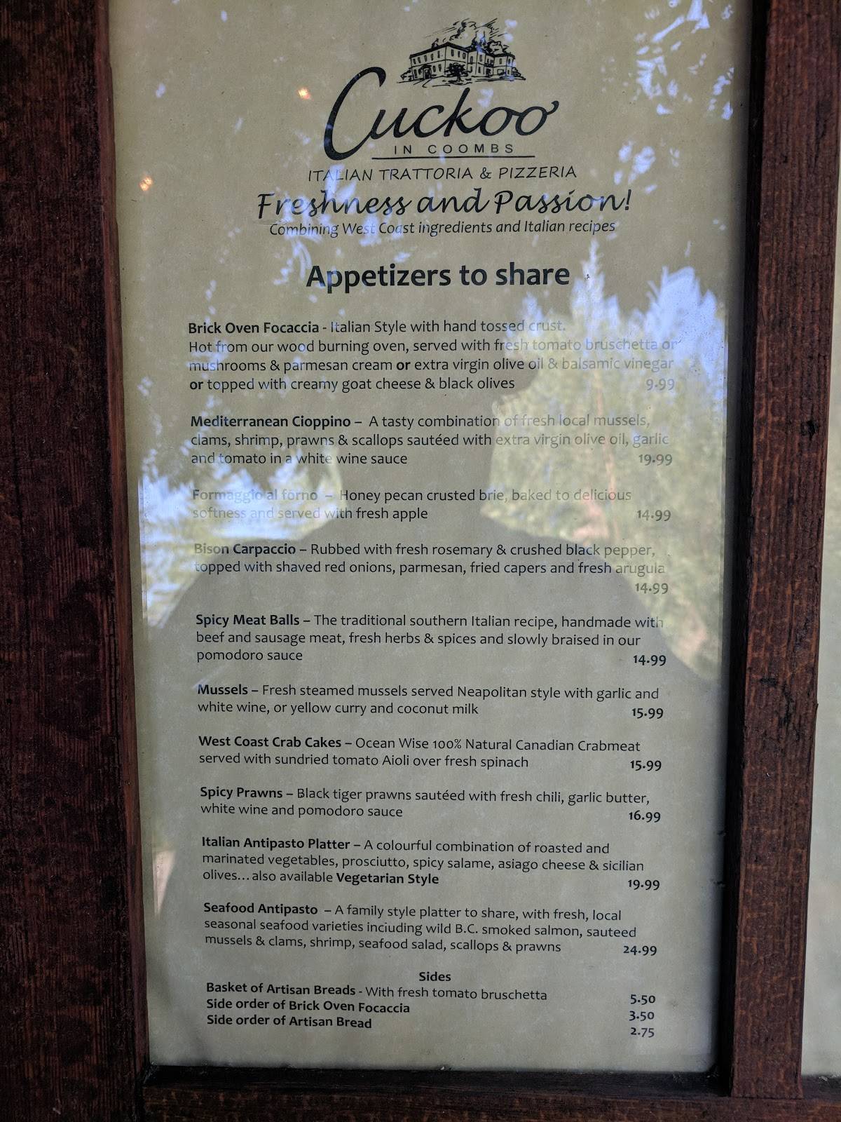 Menu at Cuckoo Trattoria and Pizzeria, Coombs