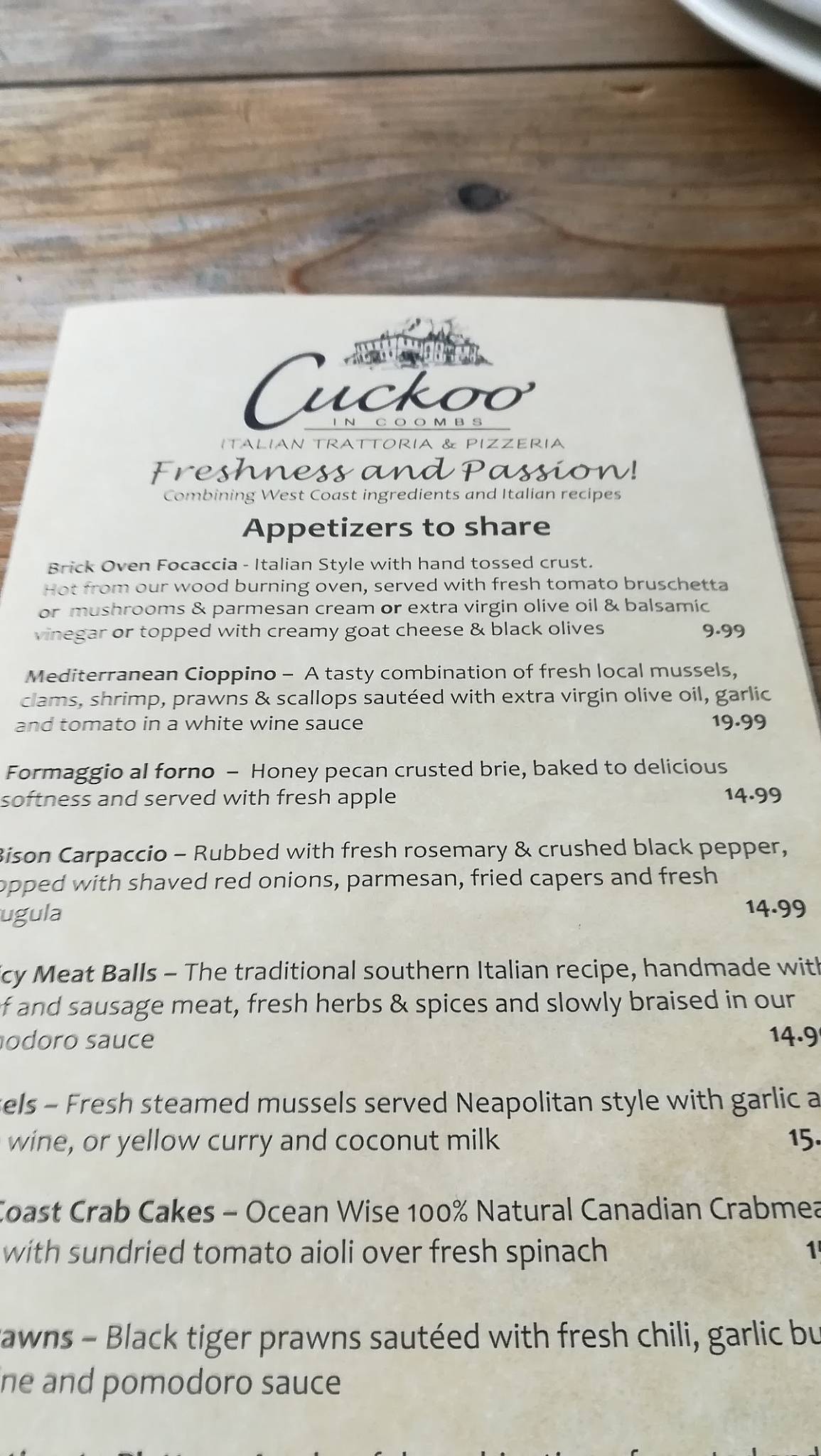 Menu at Cuckoo Trattoria and Pizzeria, Coombs