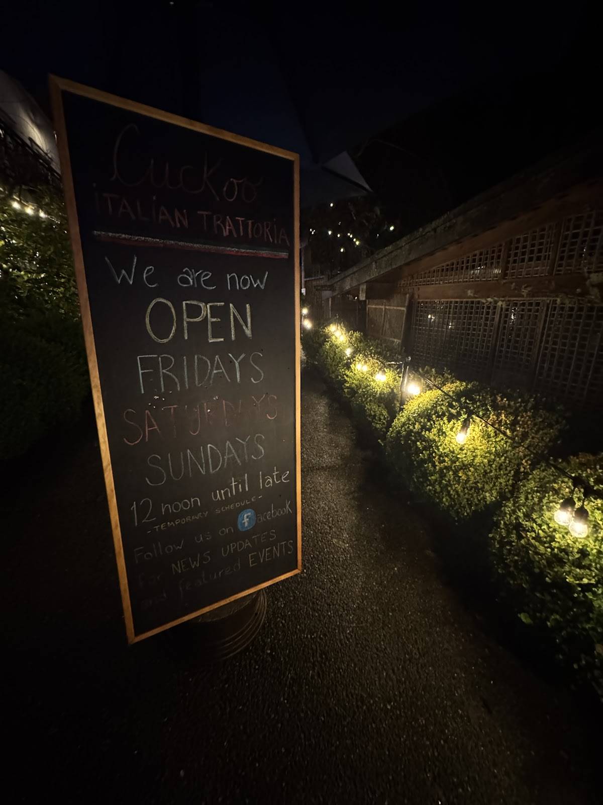 Menu at Cuckoo Trattoria and Pizzeria, Coombs