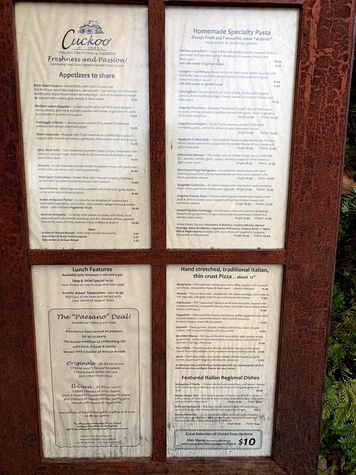 Menu at Cuckoo Trattoria and Pizzeria, Coombs