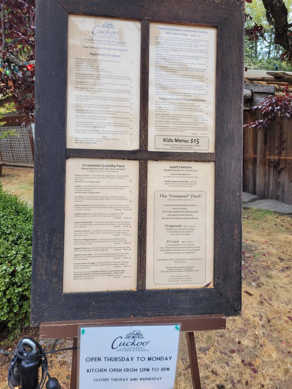 Menu at Cuckoo Trattoria and Pizzeria, Coombs