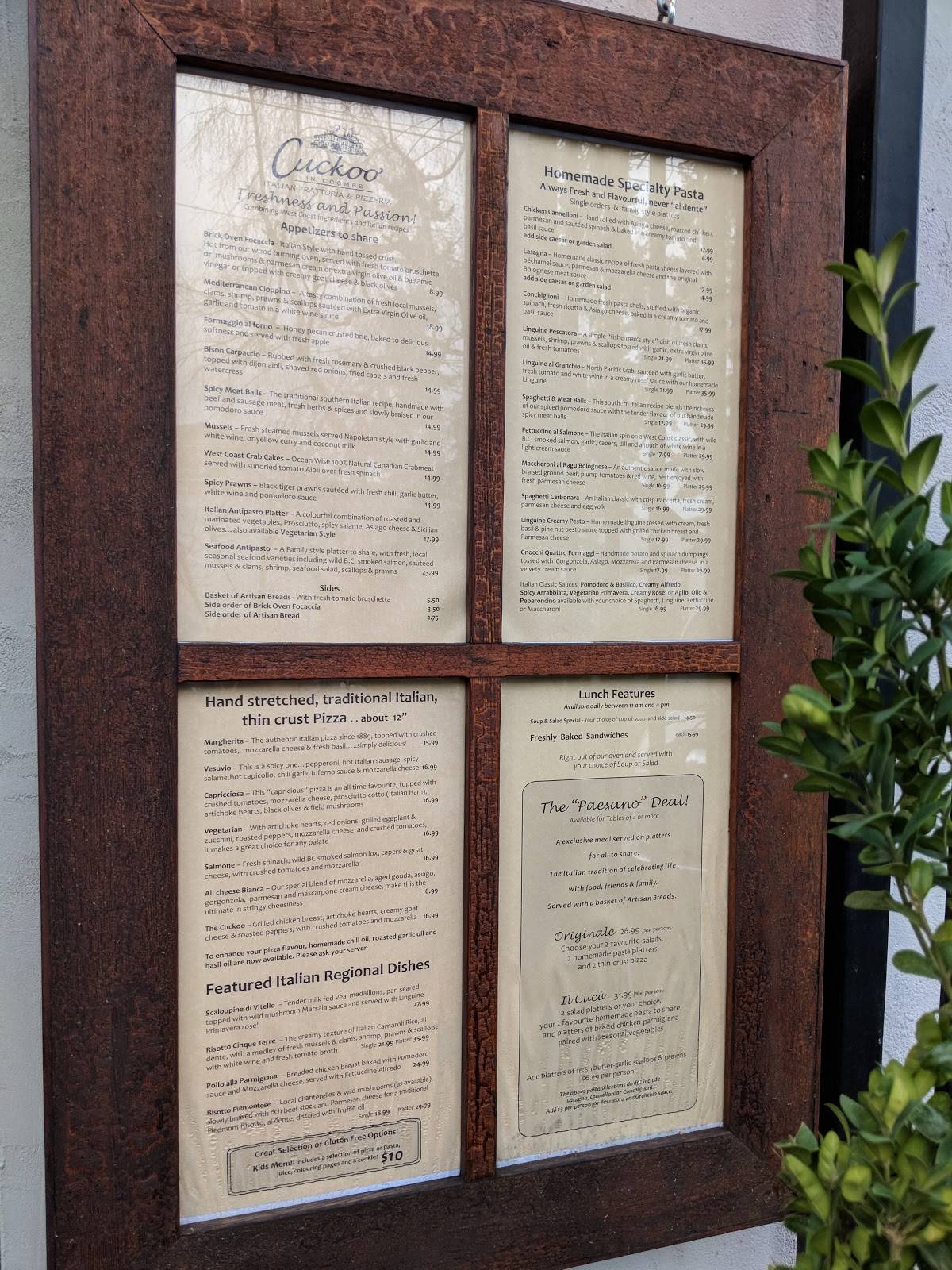 Menu at Cuckoo Trattoria and Pizzeria, Coombs