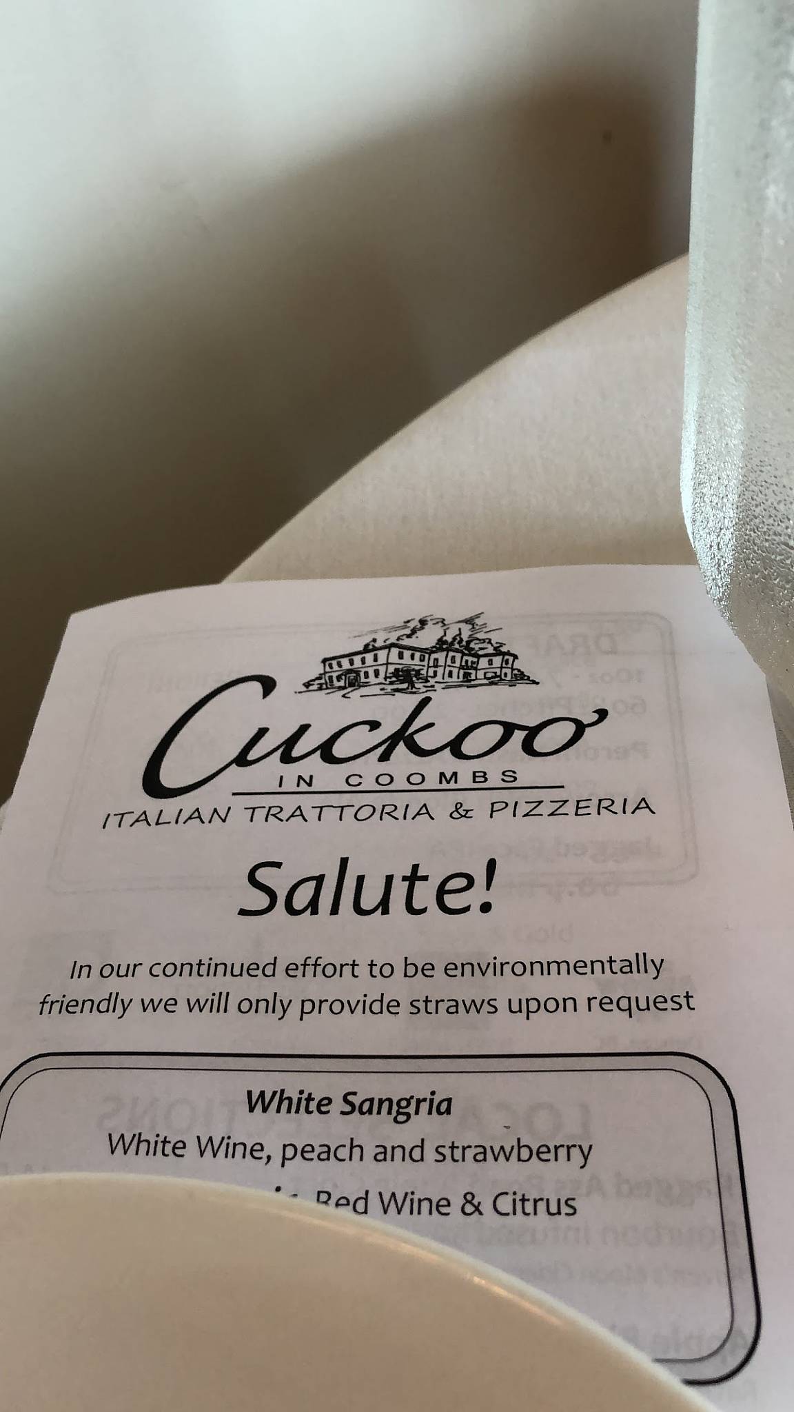 Menu at Cuckoo Trattoria and Pizzeria, Coombs