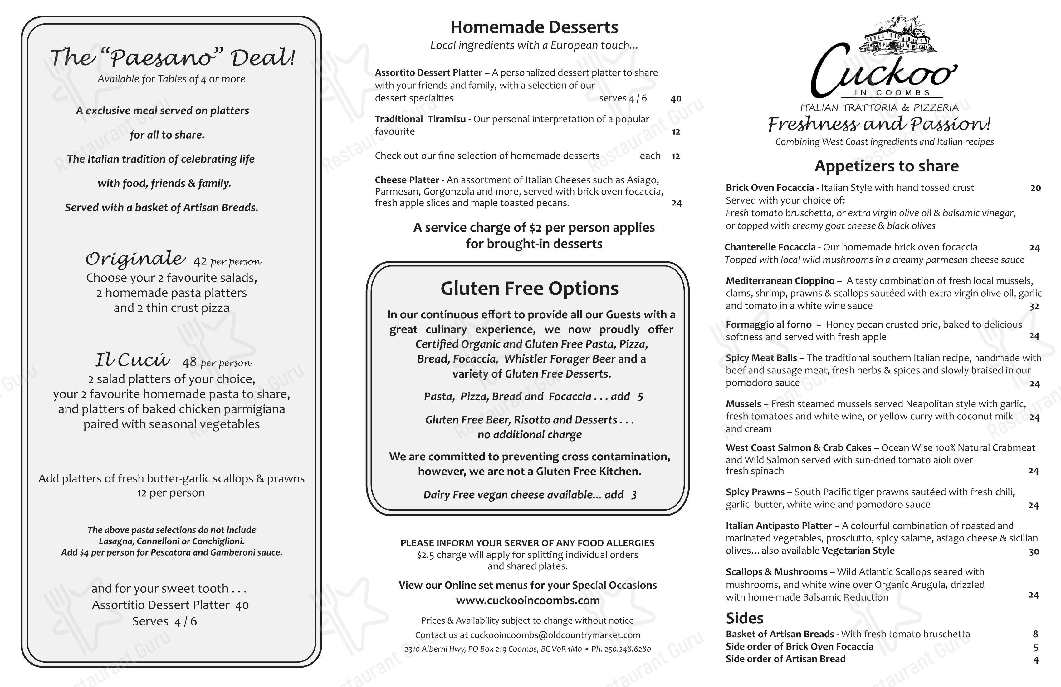Menu at Cuckoo Trattoria and Pizzeria, Coombs
