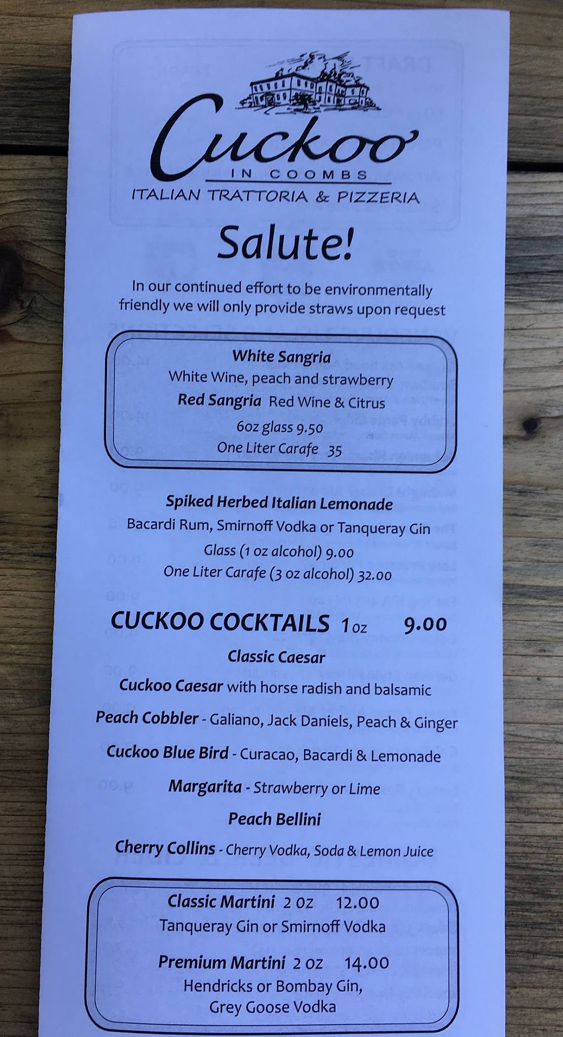 Menu at Cuckoo Trattoria and Pizzeria, Coombs
