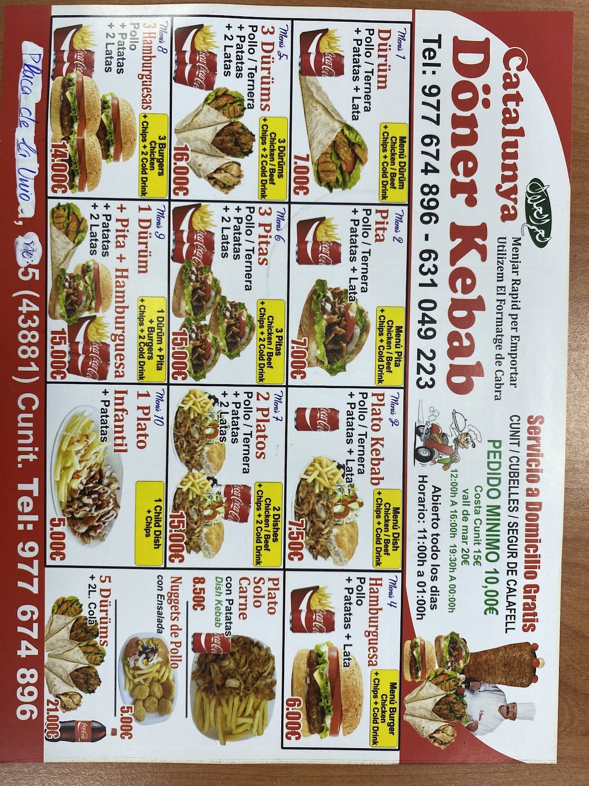 Menu at Döner Kebab restaurant, Cunit