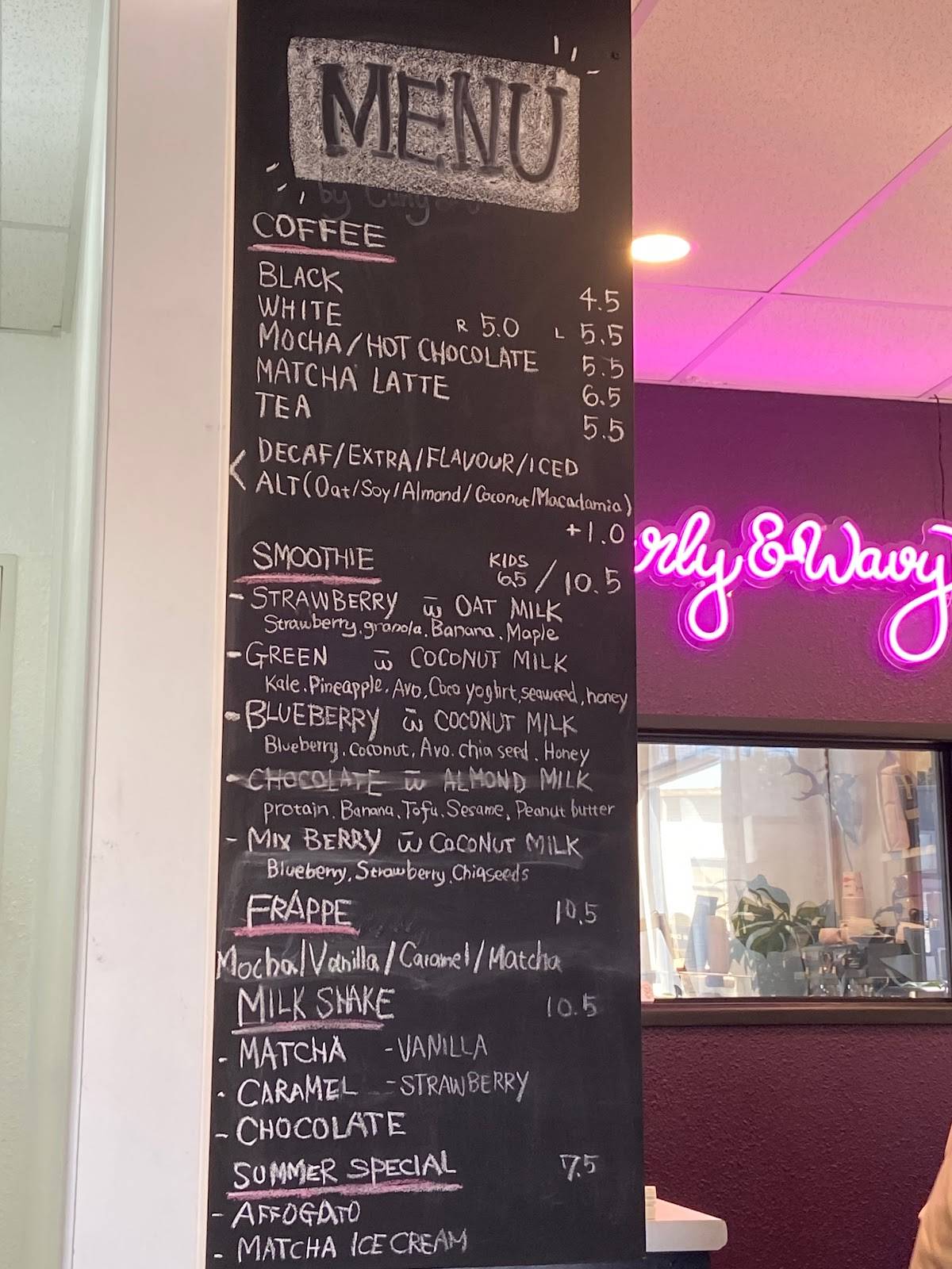Menu at Curly&Wavy Coffee bar, Tauranga