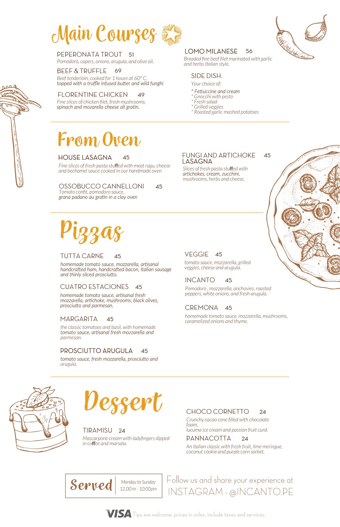 Carta del restaurante Incanto, Cusco