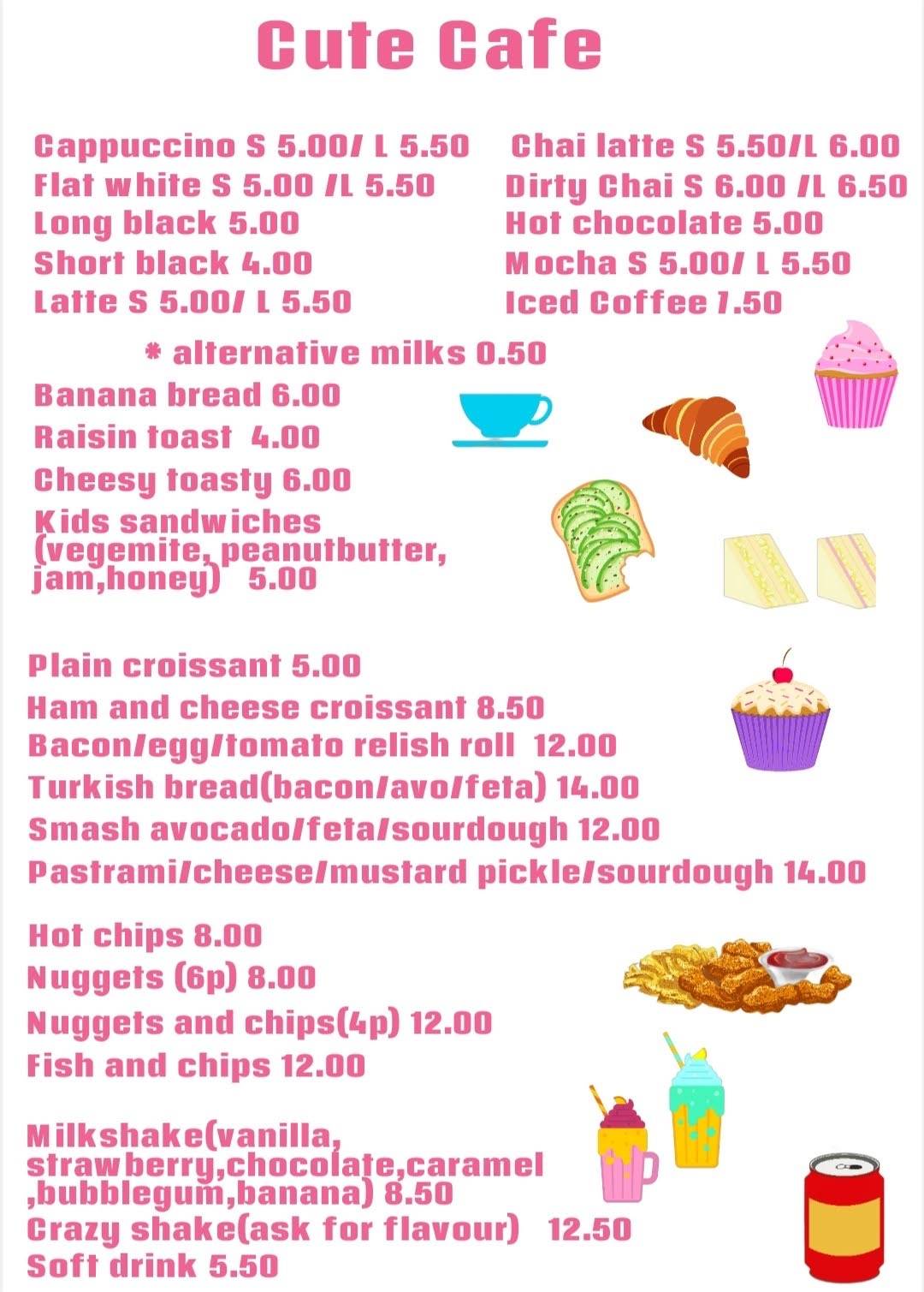 Menu at Cute Cafe, Nelson Bay