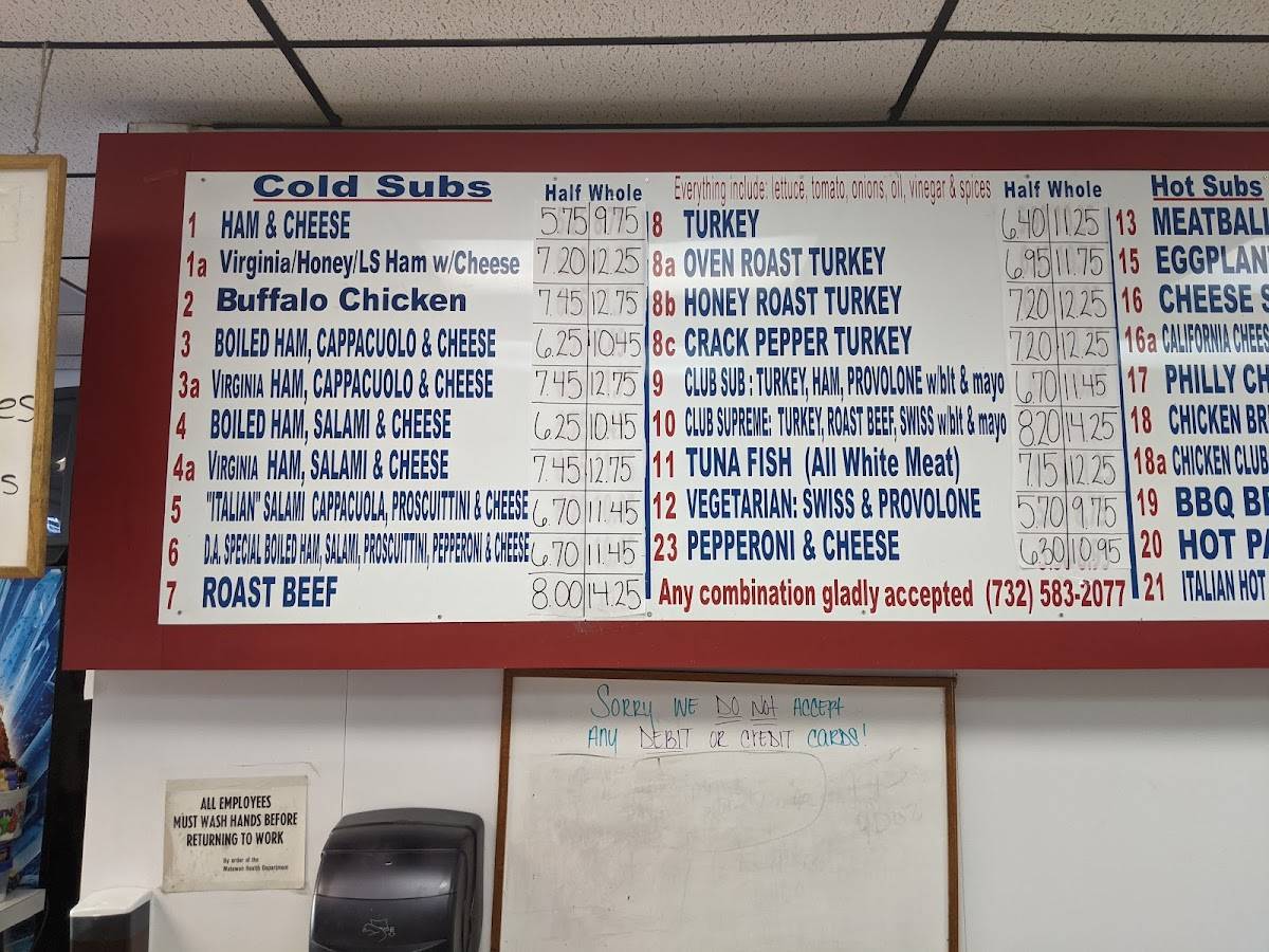 Menu at D.A. Subs restaurant, Matawan