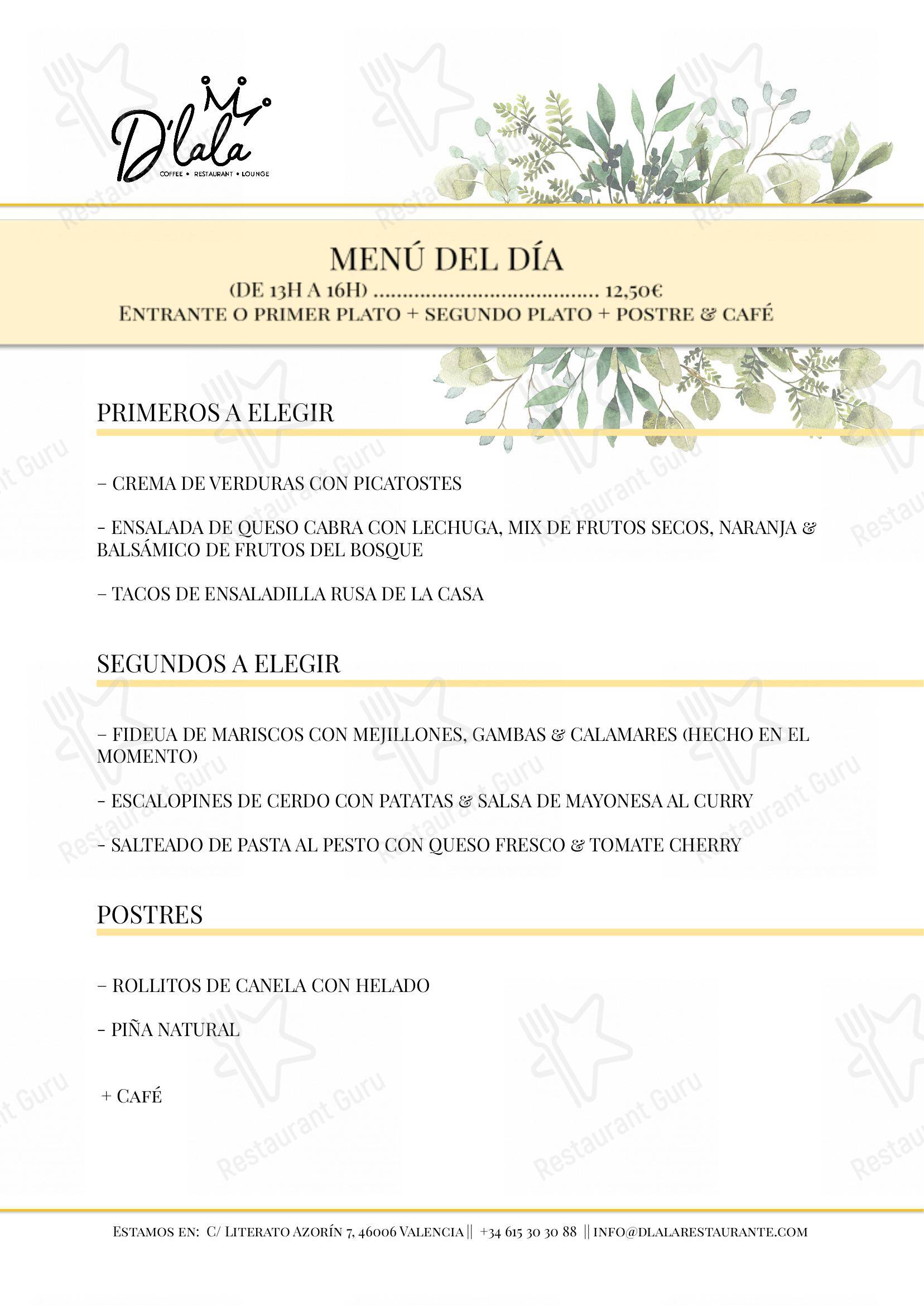 Carta de D´LALA Restaurante, Valencia