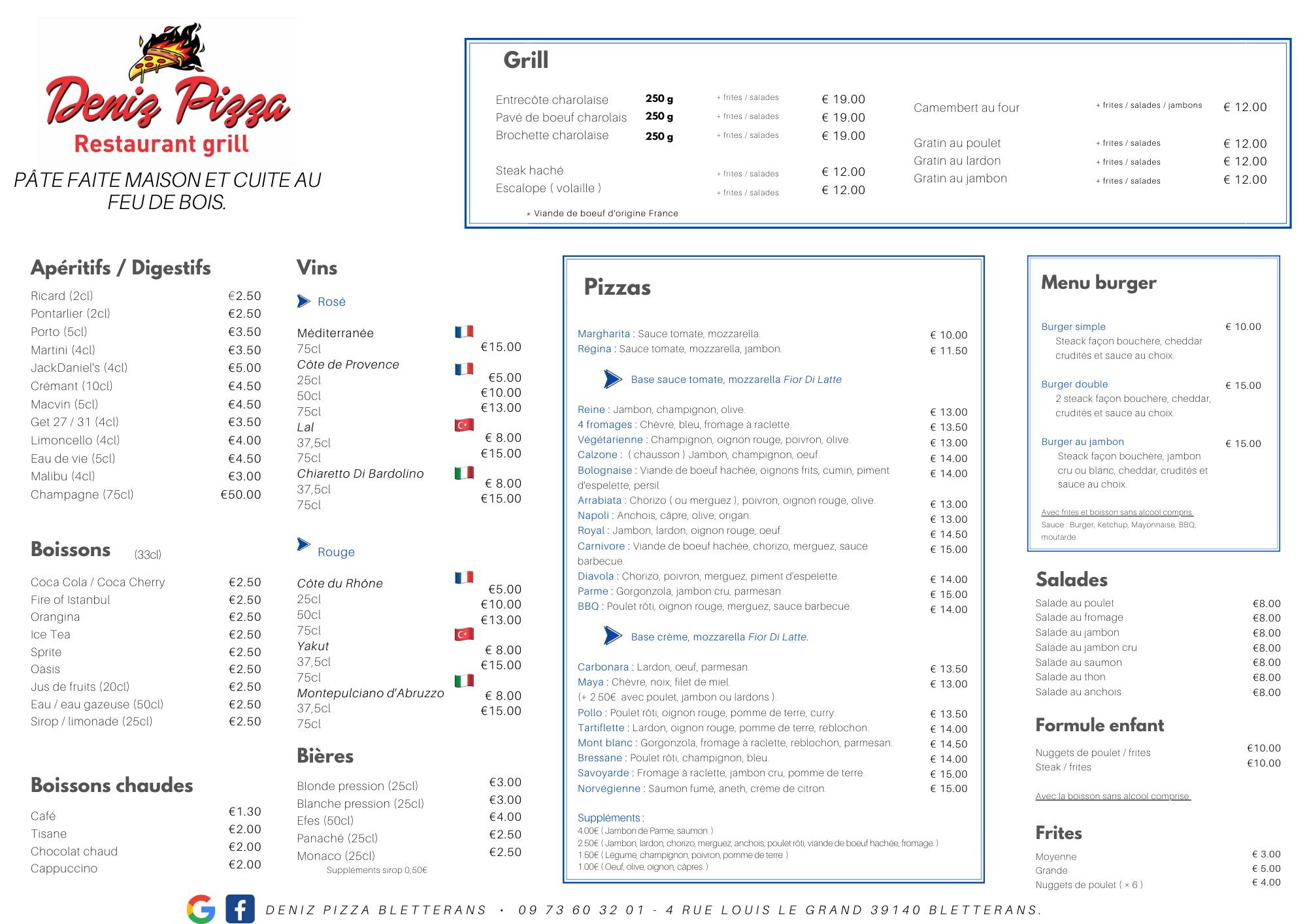 Menu at DENIZ PIZZA GRILL restaurant, Bletterans