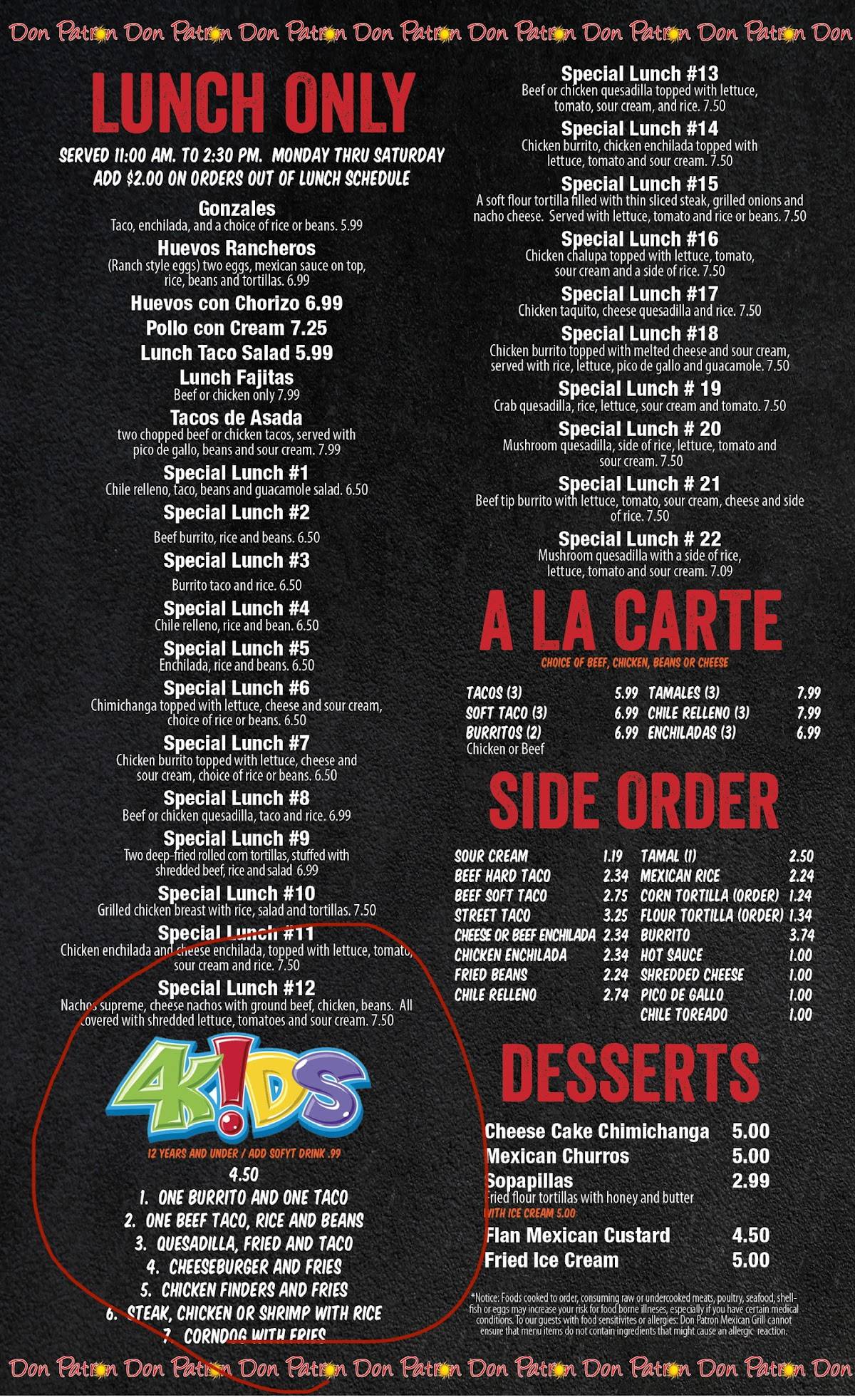 Menu at DON PATRON WILLIAMSPORT restaurant, Williamsport, E 3rd St