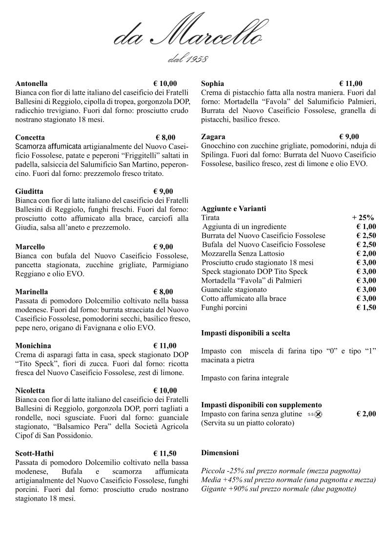 Menu da Ristorante Pizzeria Da Marcello, Carpi