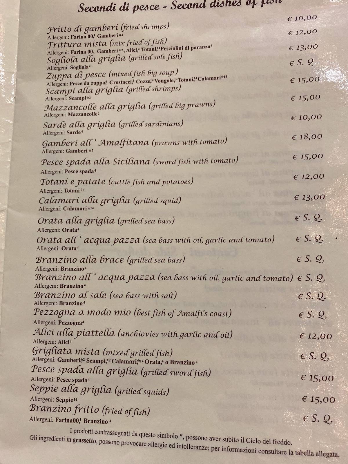 Menu at Da Memè pizzeria, Amalfi